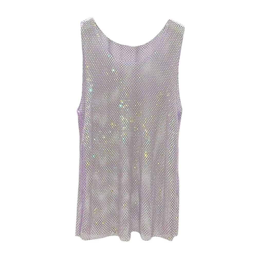 YM YOUMU Women Rhinestone Fishnet Mesh Dress Sleeveless Sheer Hollow ...