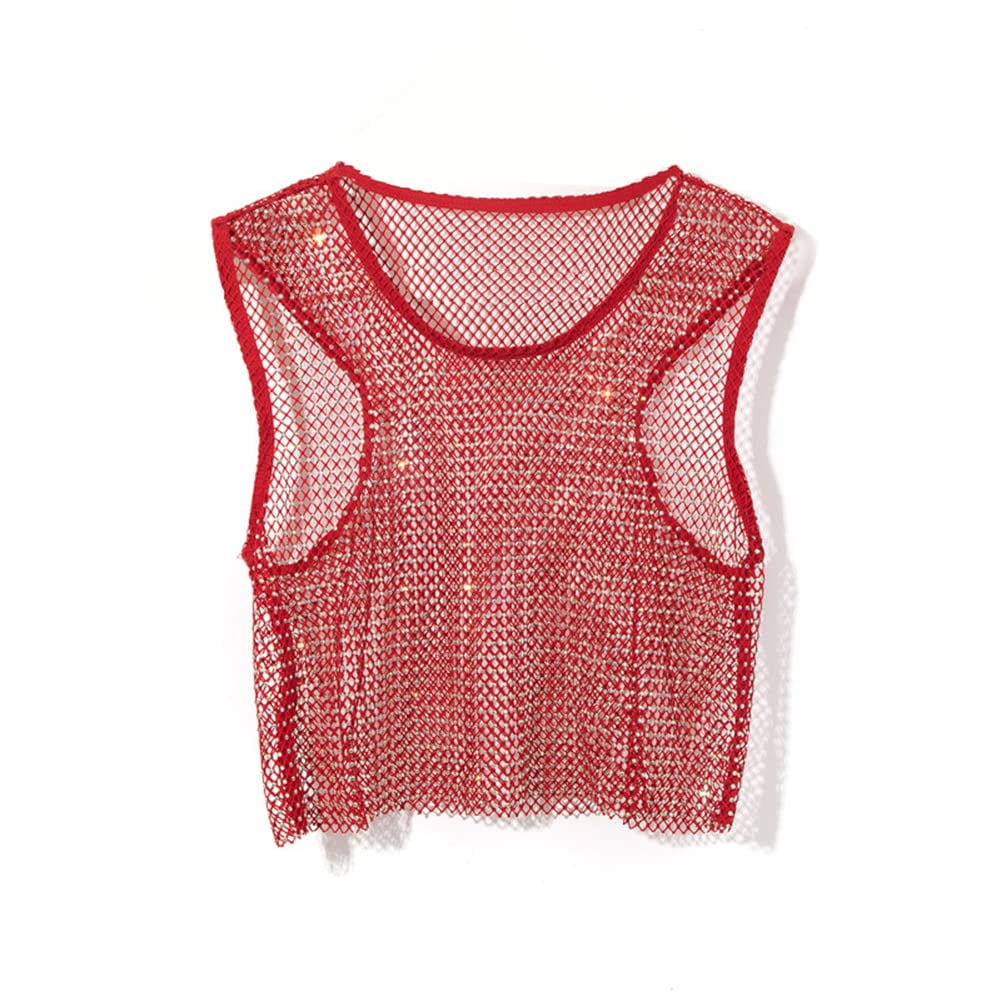YM YOUMU Women Sleeveless Fishnet Rhinestone Crop Tank Top Sheer ...
