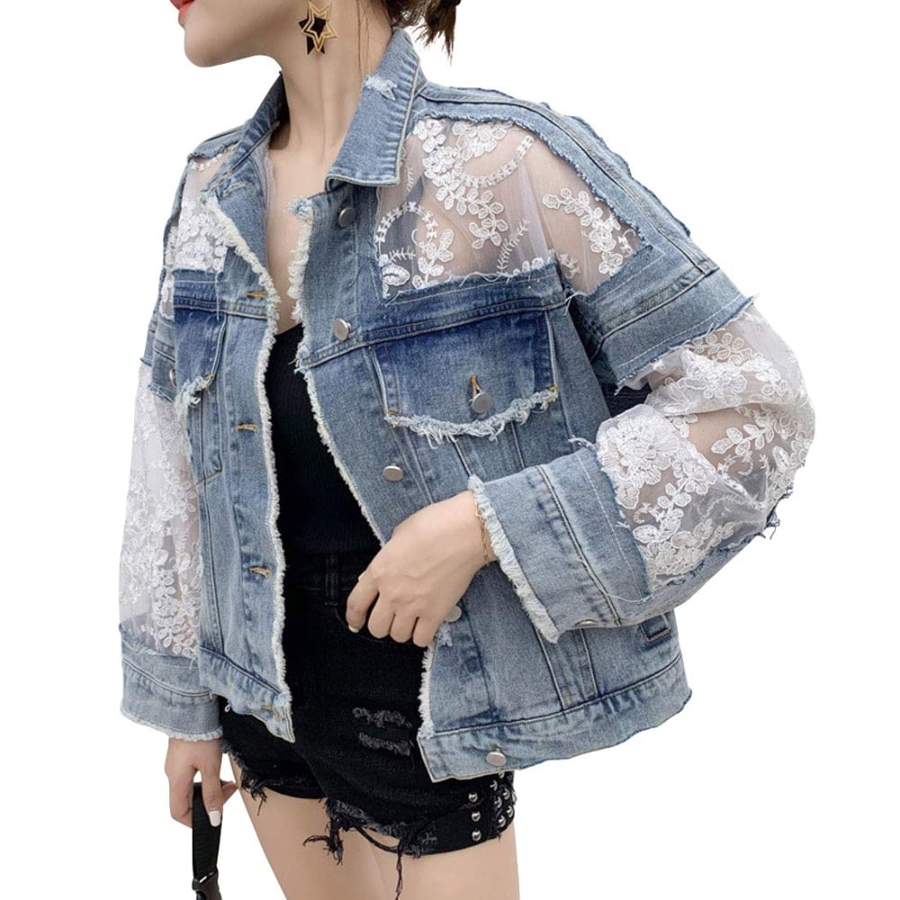YM YOUMU Women's Embroidered Long Sleeve Lace Crop Denim Jacket, Ripped ...
