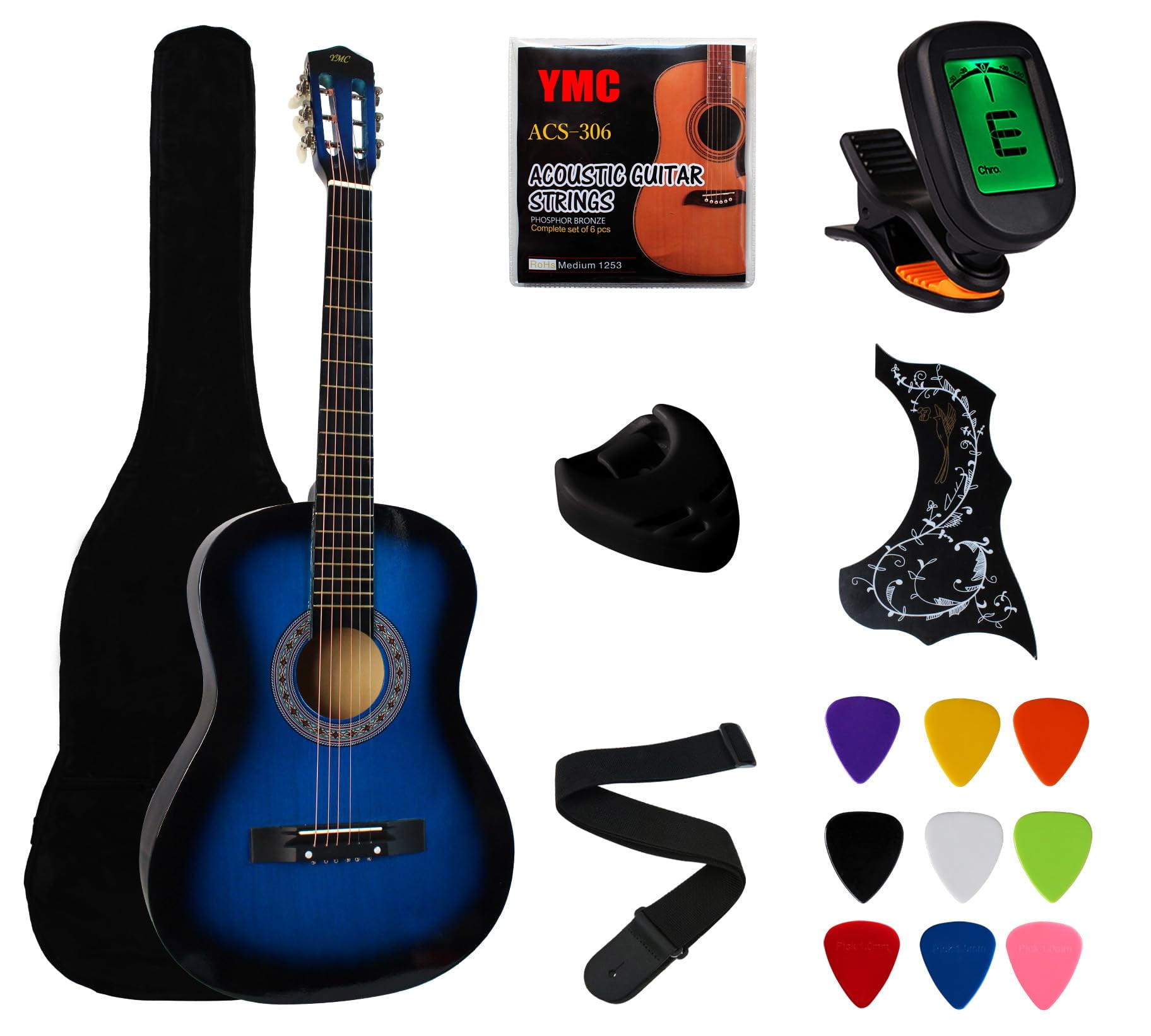 YMC 38" Blue Beginner Acoustic Guitar Starter Package Student Guitar ...