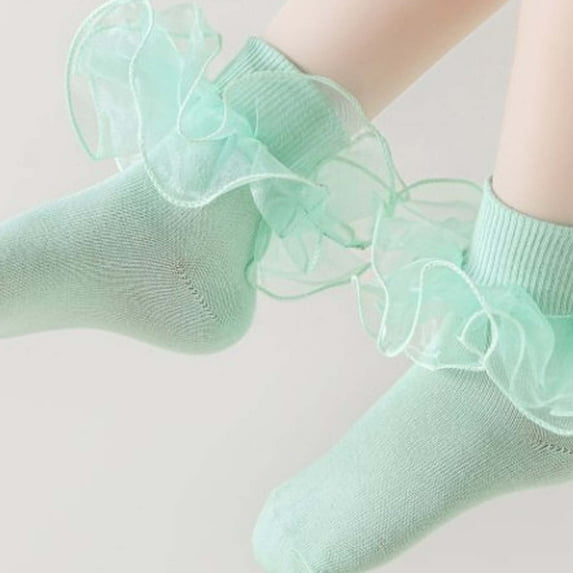 YMNXA Children Girls Socks Solid Color Ruffle Double Lace Mesh ...