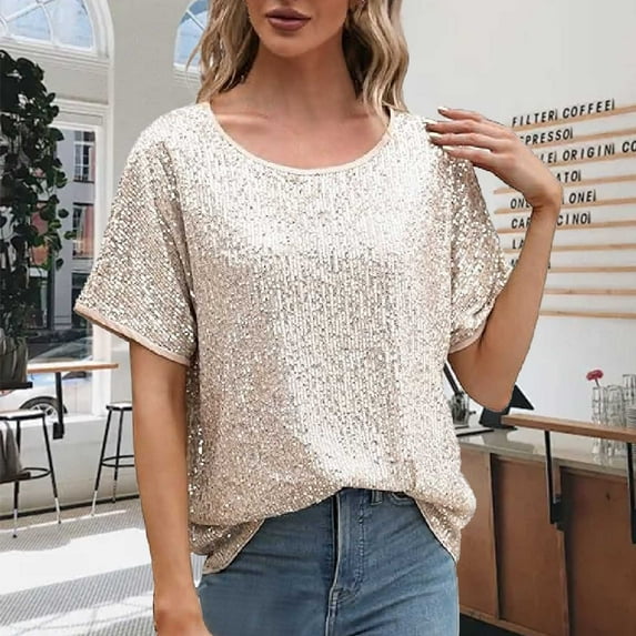 YMNXA Women'S Sequin Tops Short Sleeve Round Neck Solid Color Sparkly ...