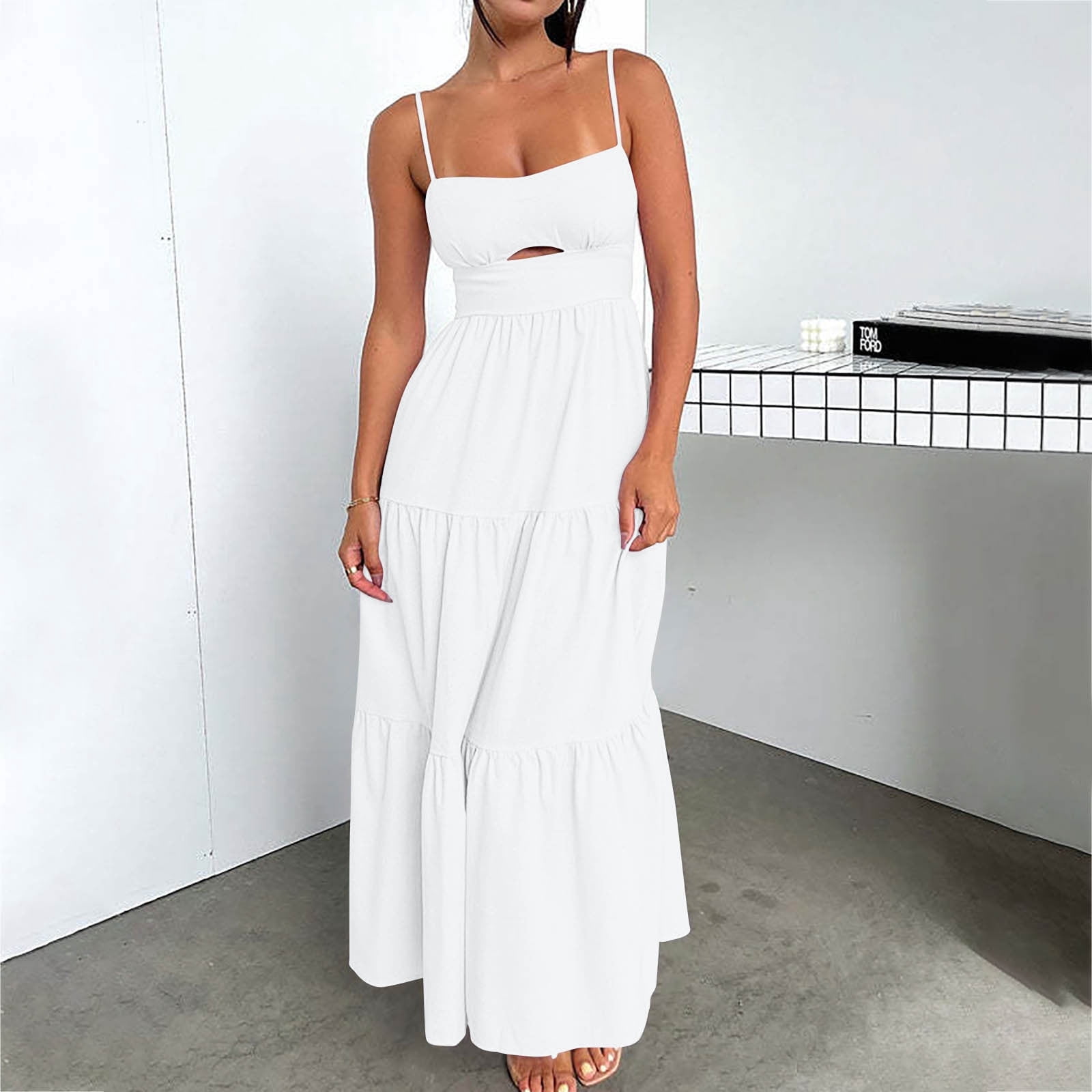 YMTQ Women s Sexy Spaghetti Straps Sleeveless Tiered Maxi Dress Low Cut ...