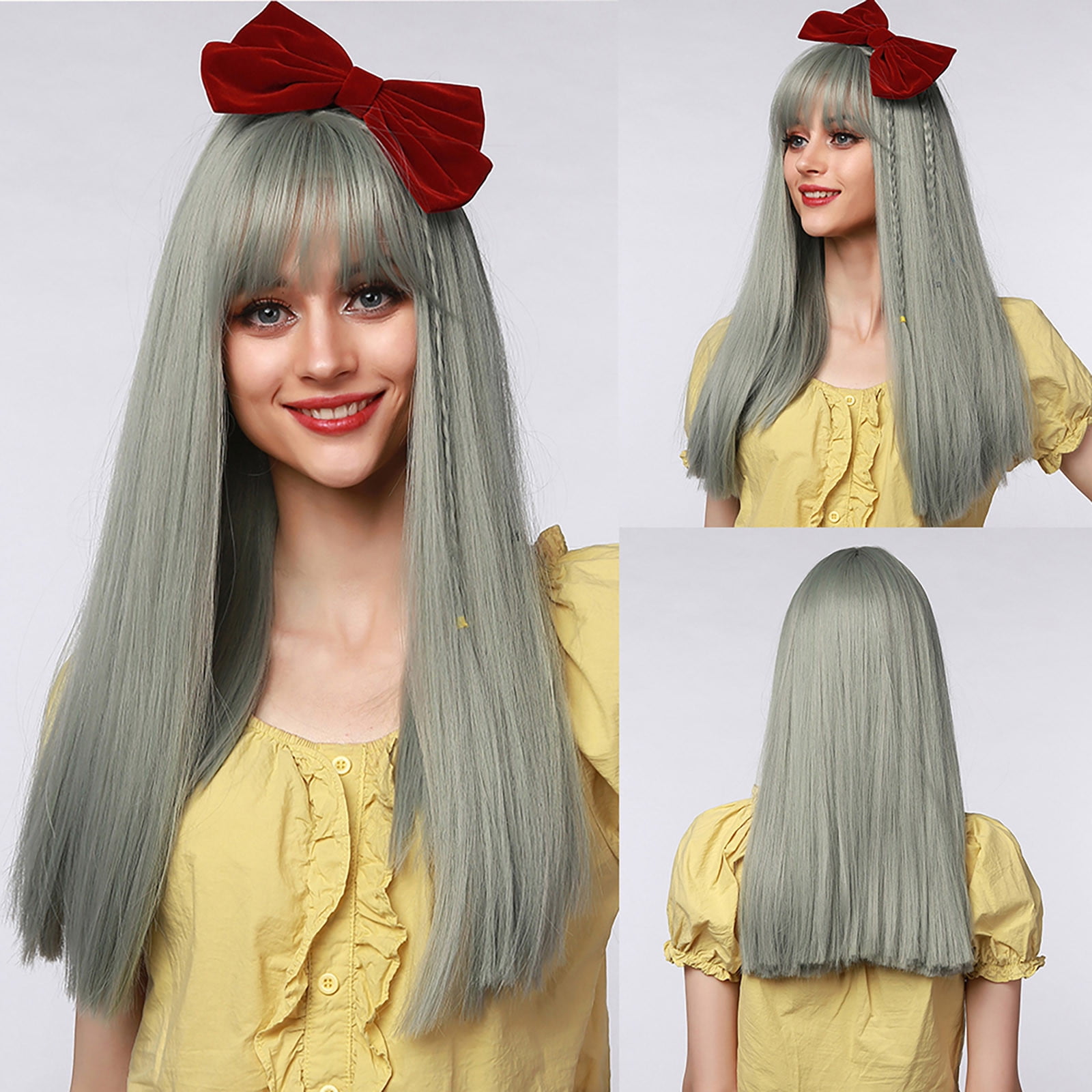 YMUQEIGH Clearance 40cm High Temperature Silk Wig Gray Brown With Bangs ...