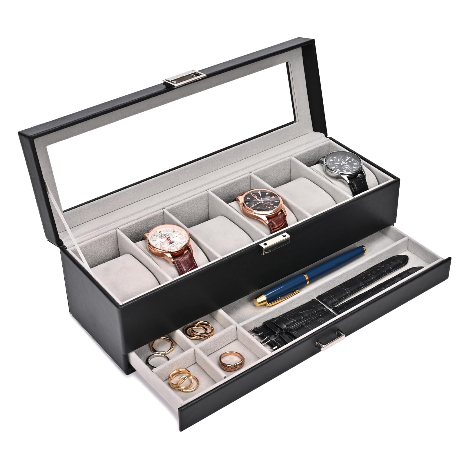 YMWVH 6 Slot Watch Case, 2-Layer Jewelry Storage Organizer with Glass ...