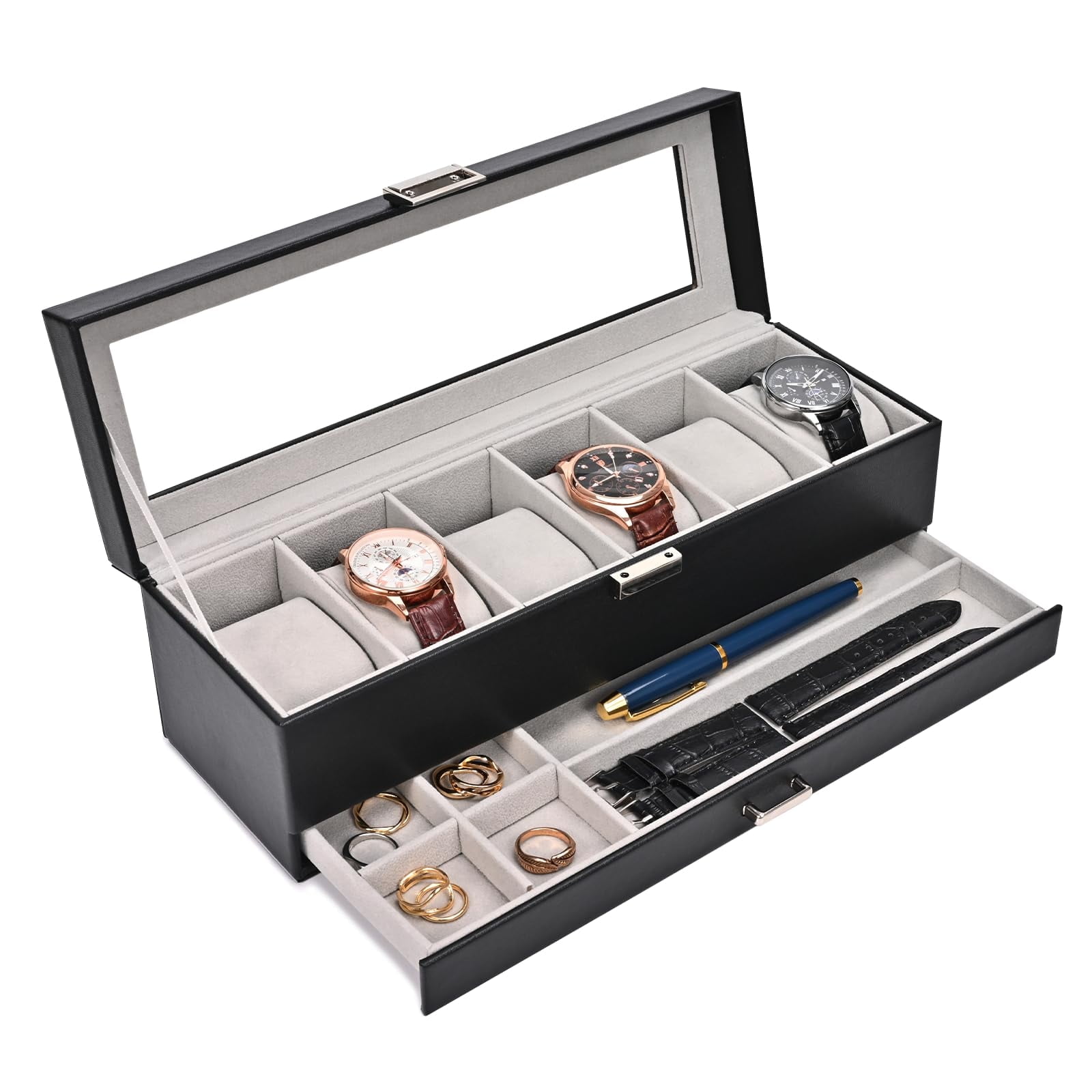 YMWVH Watch Box for Men, 6 Slot Watch Display Case with Drawer, Mens ...