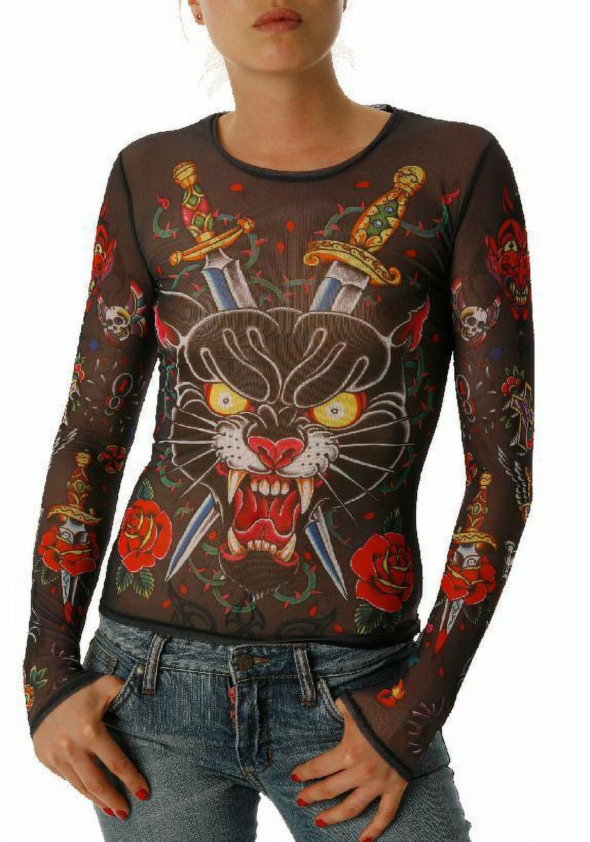 YMX by YellowMan Black Women's Mesh Long Sleeve Black Panther Tattoo ...
