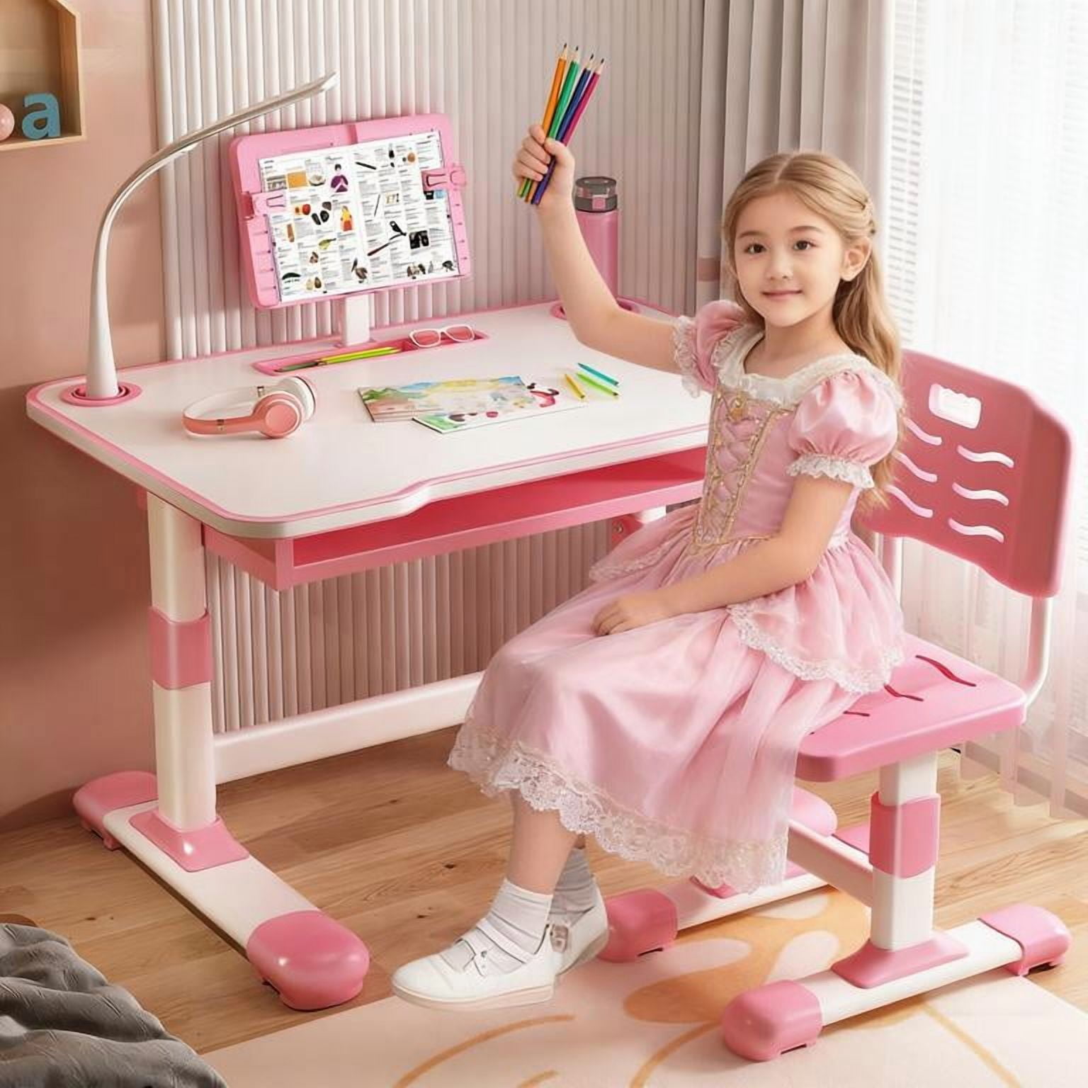 YNCE Kids Desk and Chair Set Adjustable Height, Toddler Study Table ...