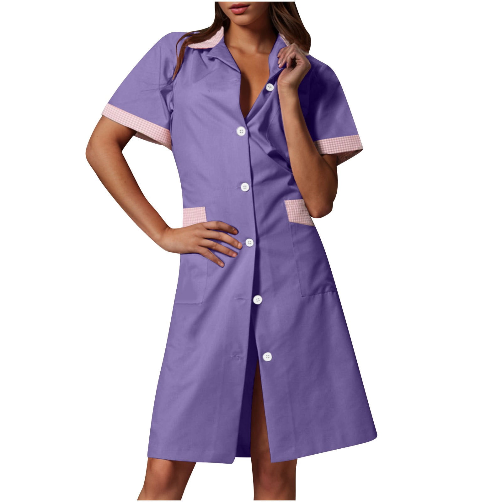 YNGKMEA Button Lapel Nurse Dress for Women Short Sleeve Workwear Pocket ...