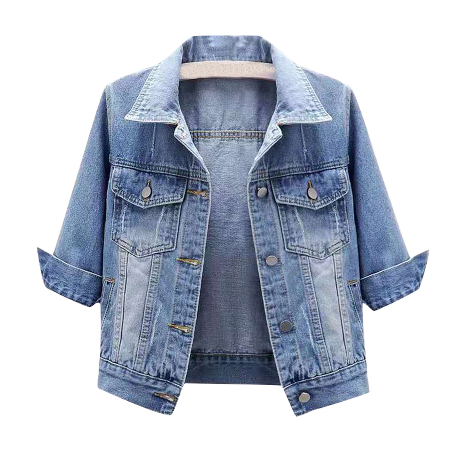 YNGKMEA Cropped Denim Jacket for Women 3/4 Sleeve Plus Size Jean Jacket ...
