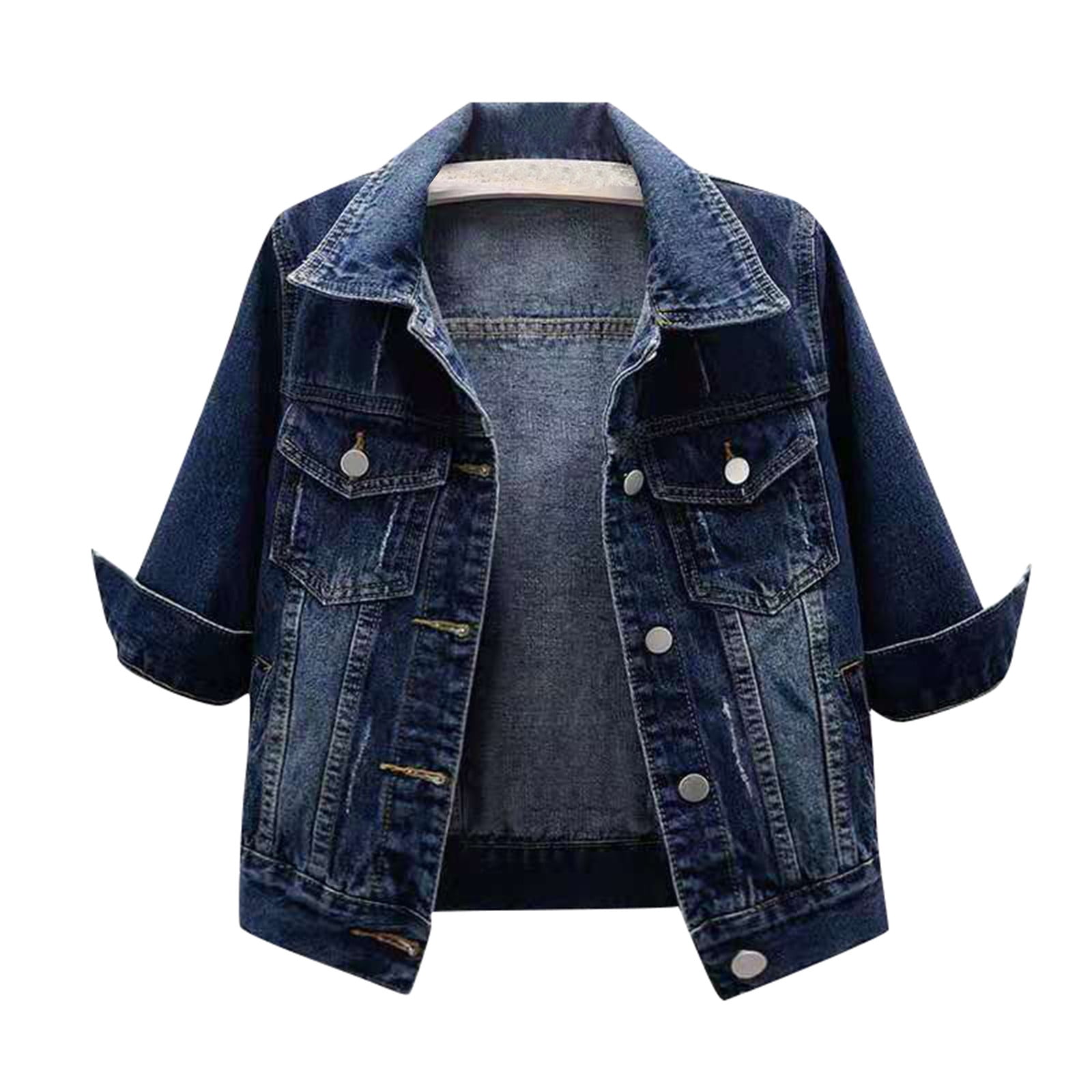 YNGKMEA Cropped Jean Jacket for Women 3/4 Sleeve Plus Size Denim Jacket ...
