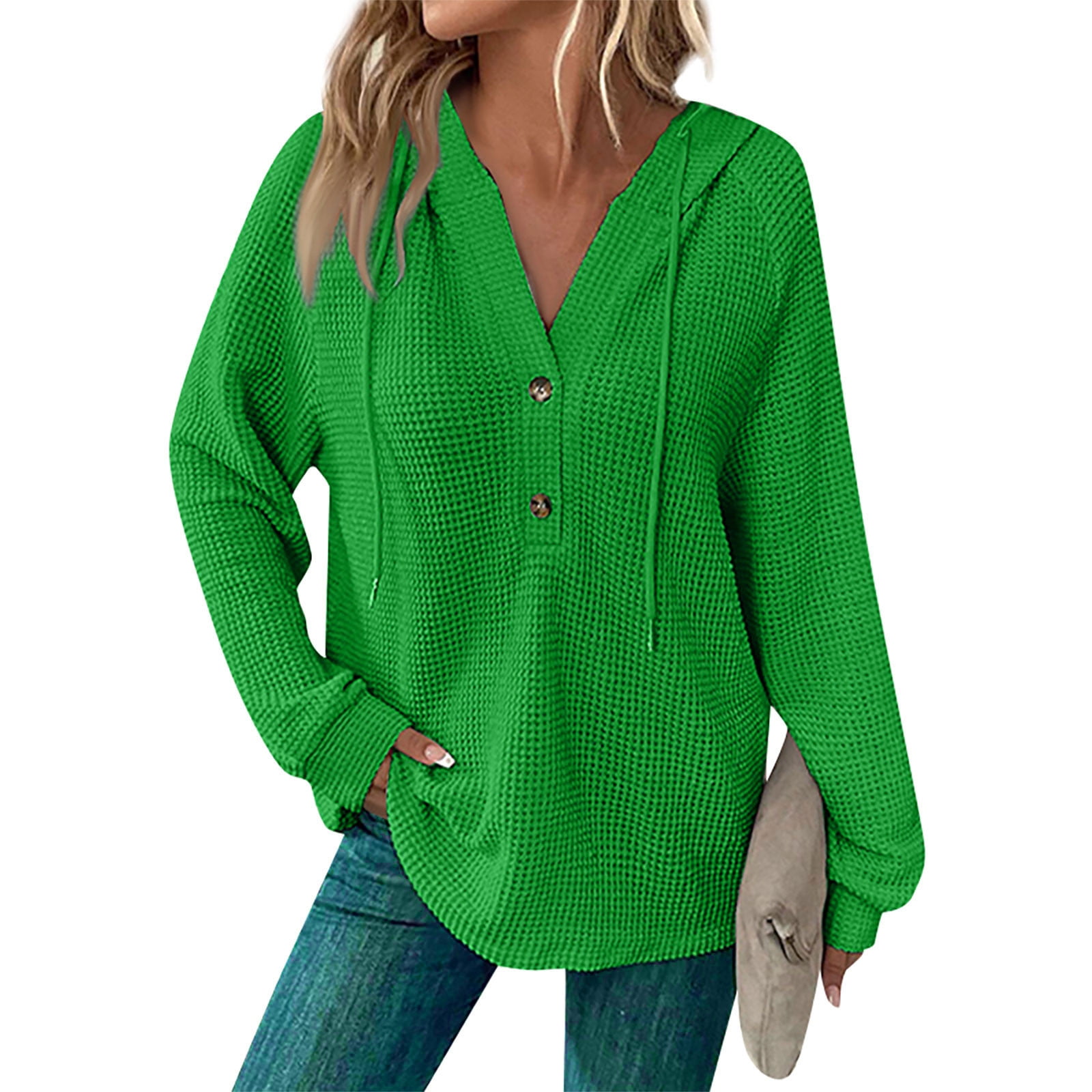YNGKMEA Green Sweatshrit for Women Waffle Knitted Oversized Sweatshirt ...