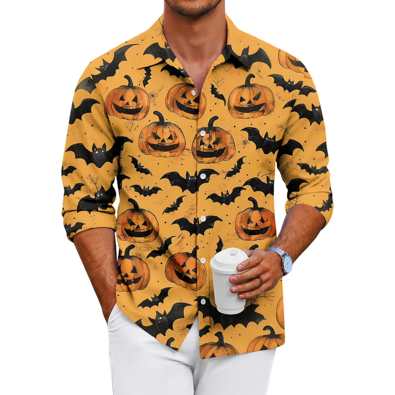YNGKMEA Halloween Button Up Shirt for Men Fun Pumpkins Fun Print Shirts ...
