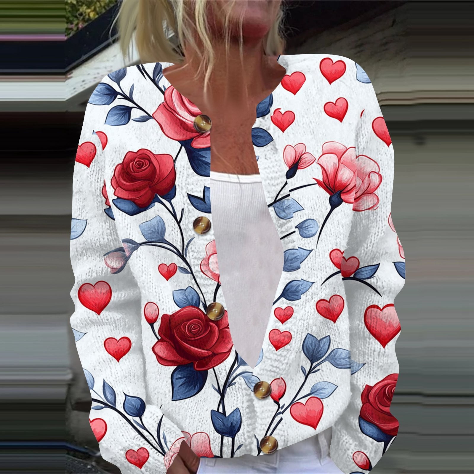 YNGKMEA Heart Cardigans for Women Oversized Open Front Valentine Day Cardigan Sweater Love Heart ...