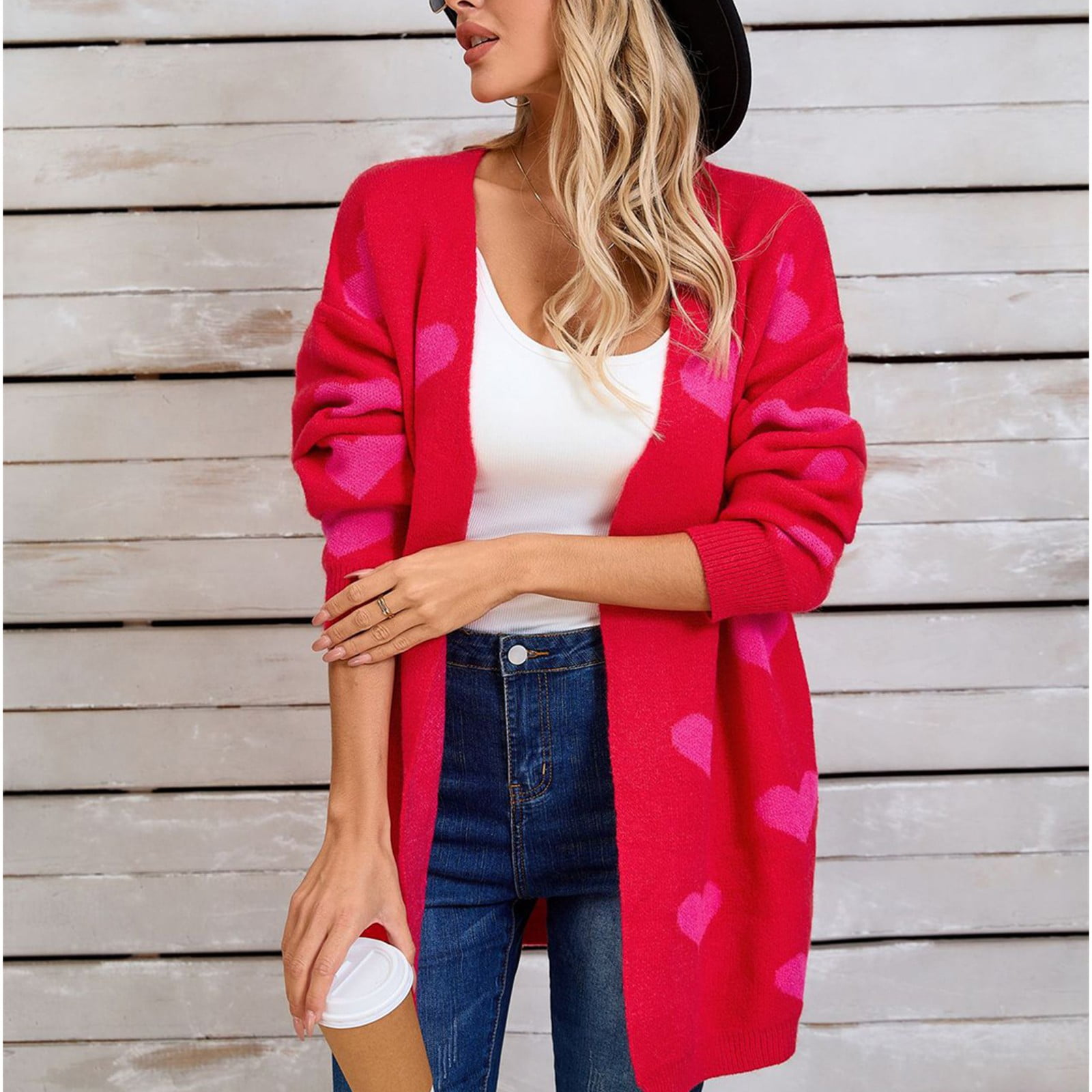 YNGKMEA Heart Cardigans for Women Oversized Open Front Valentines Day Cardigan Sweaters Love ...