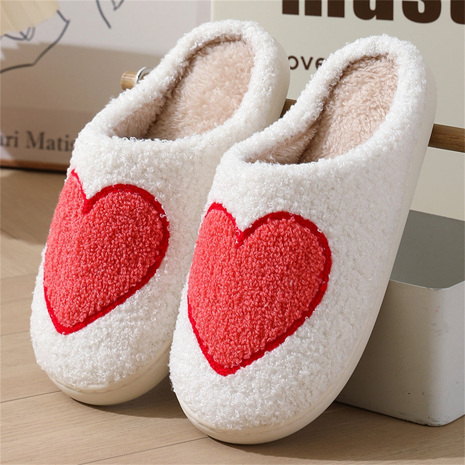 YNGKMEA Heart/Smiley Face Slippers for Women- White Soft Curly Slippers ...