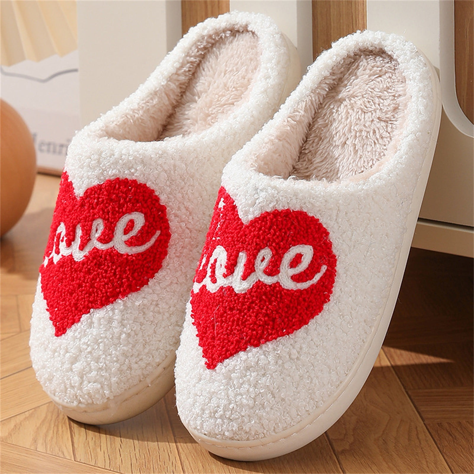 YNGKMEA Heart/Smiley Face Slippers for Women- White Soft Curly Slippers for Indoor,Polar Fleece ...
