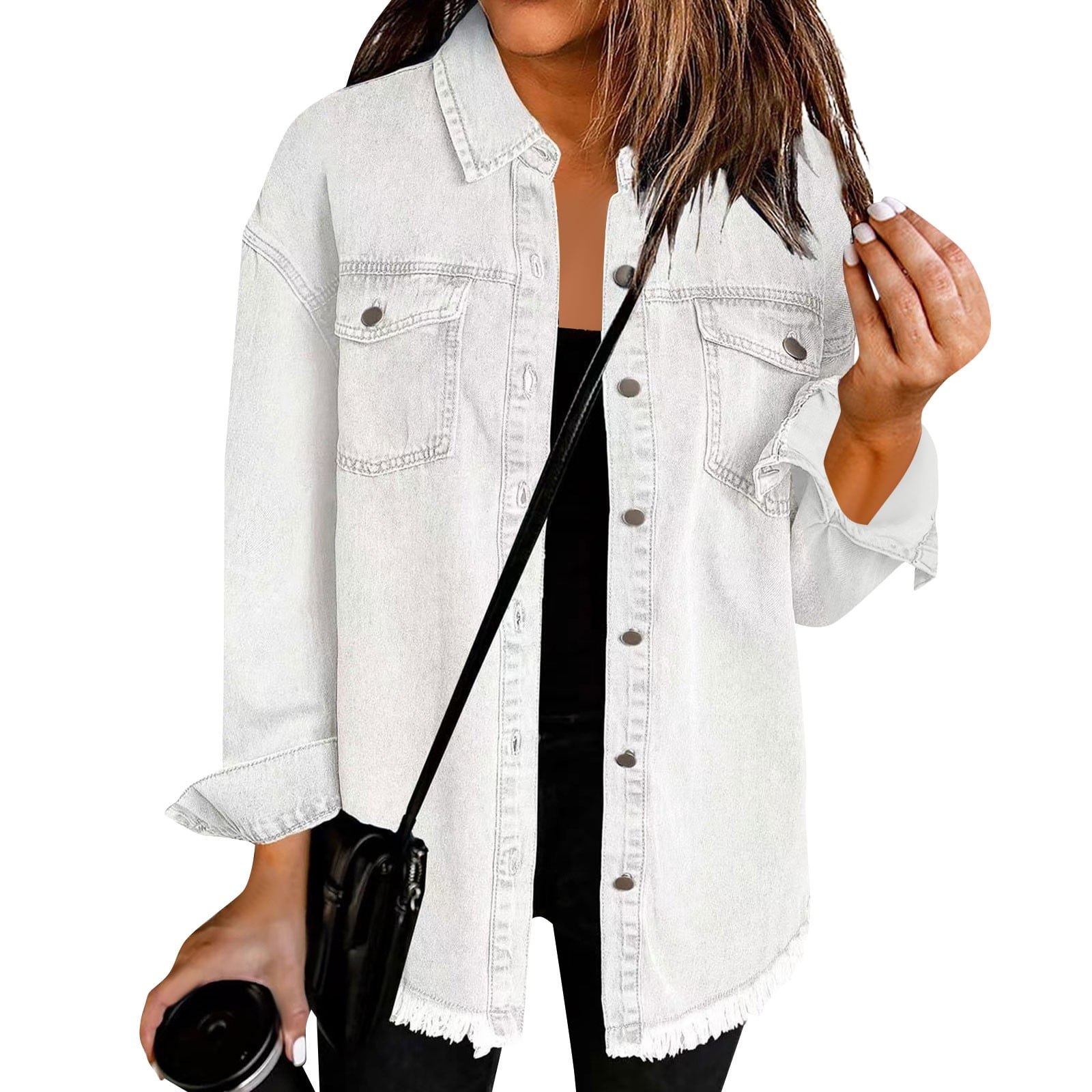 YNGKMEA Jean Jacket Women Button Up Frayed Hem Shacket Vintage Washed ...