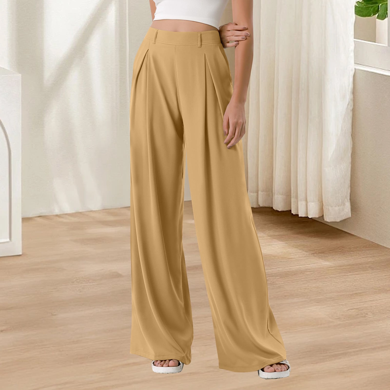 YNGKMEA Khaki Wide Leg Pants for Women High Elastic Waisted Comfy Loose ...