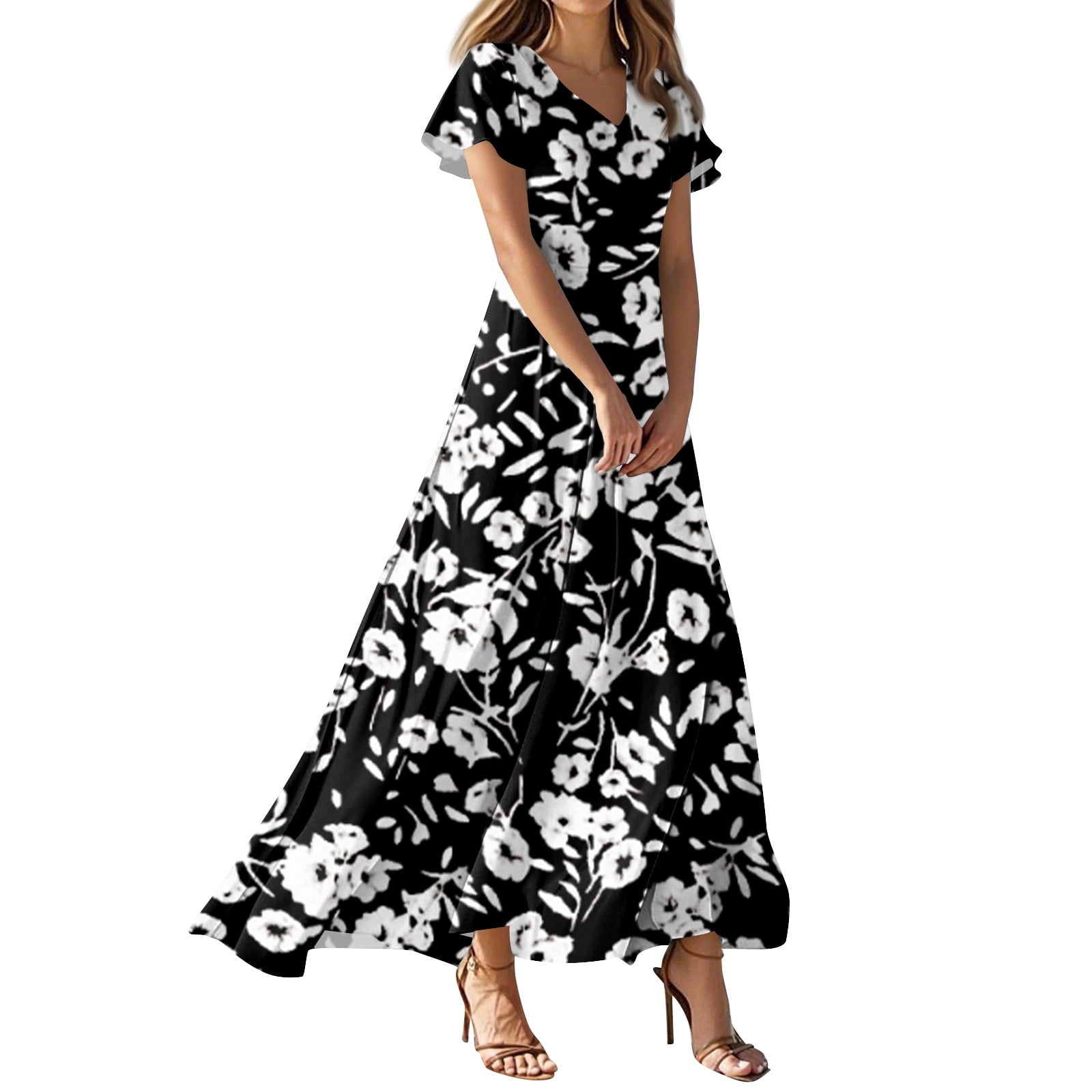 YNGKMEA Maxi Dresses for Women 2025 Ruffle Short Sleeve Flowy Swing ...