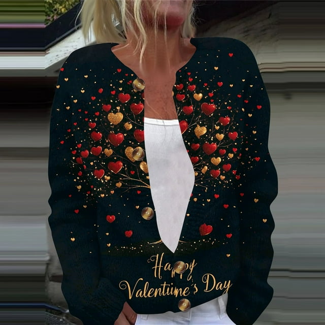 Yngkmea Valentines Cardigan Sweater Oversized Open Front Love Heart Graphic Cute Sweaters Button