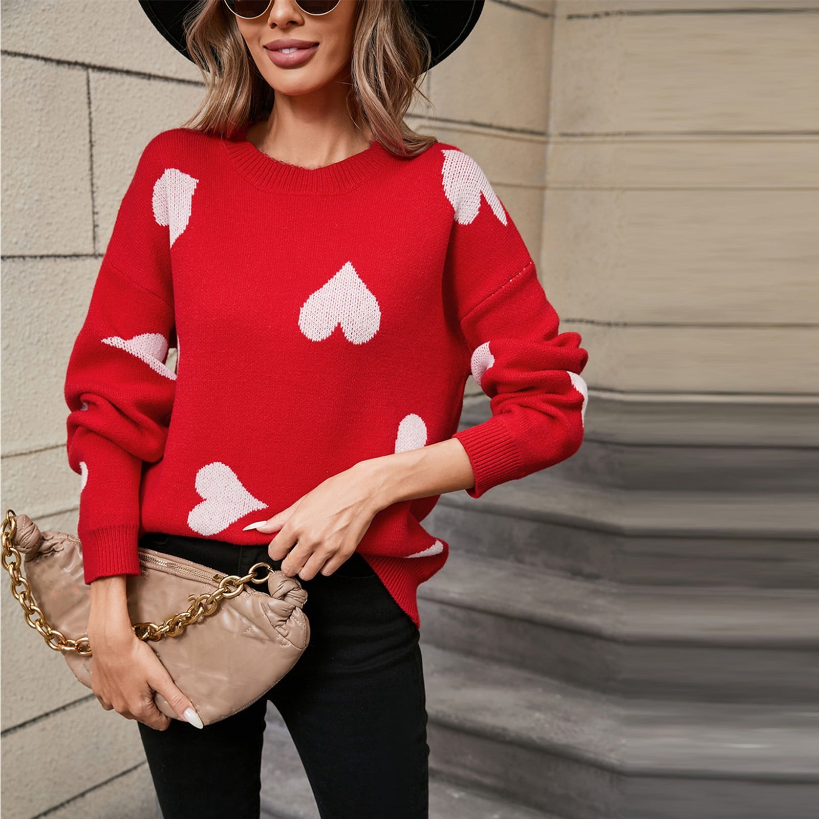 YNGKMEA Valentines Day Sweaters for Women Oversized Round Neck Love ...