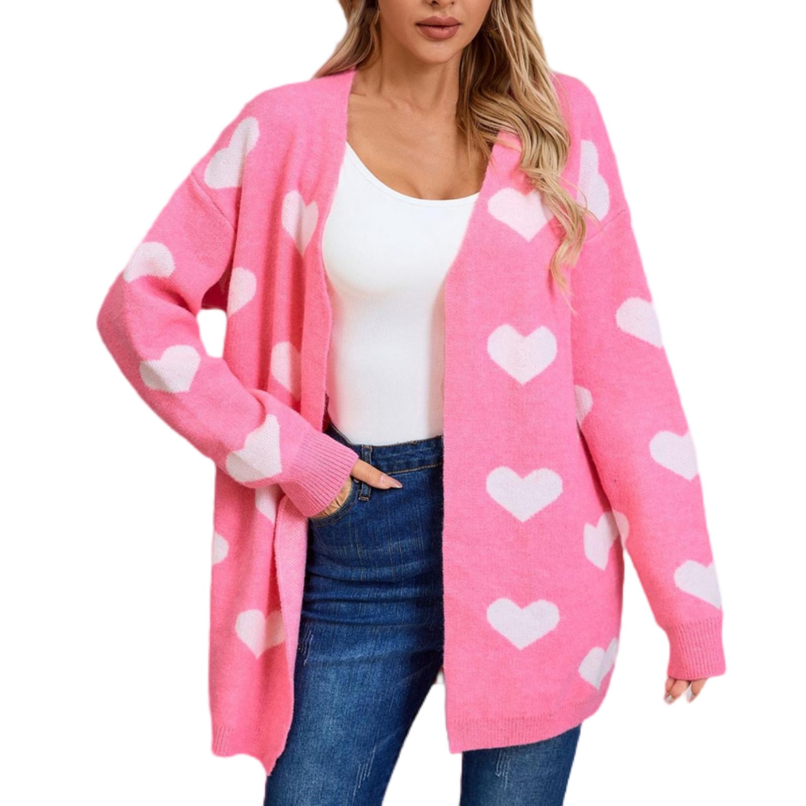 YNGKMEA Valentines Sweater Women Plus Size Open Front Love Heart Print Cute Sweater Button Up ...