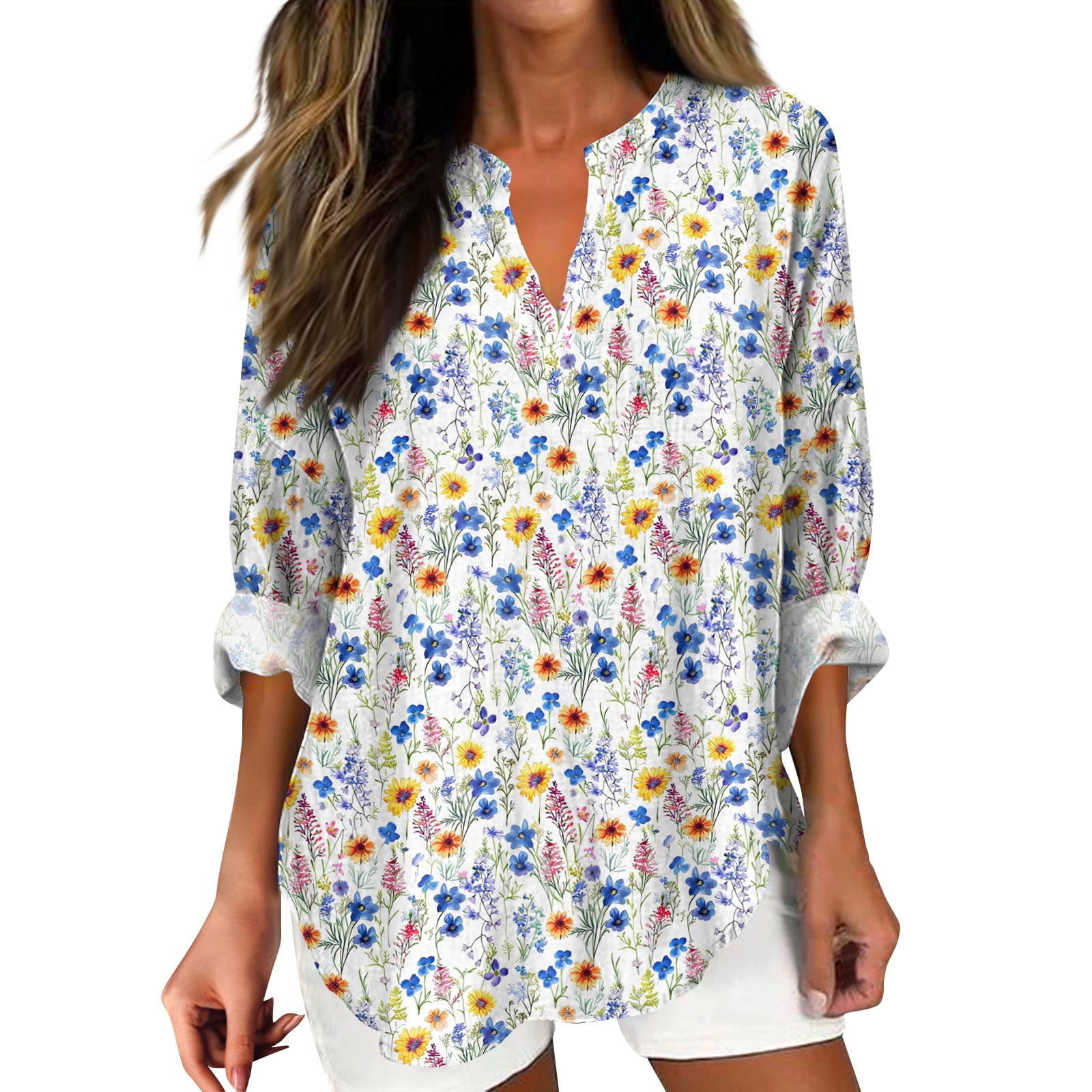 YNGKMEA Women Blouses Long Sleeve Vintage Floral Tunic Tops Loose Fit V ...