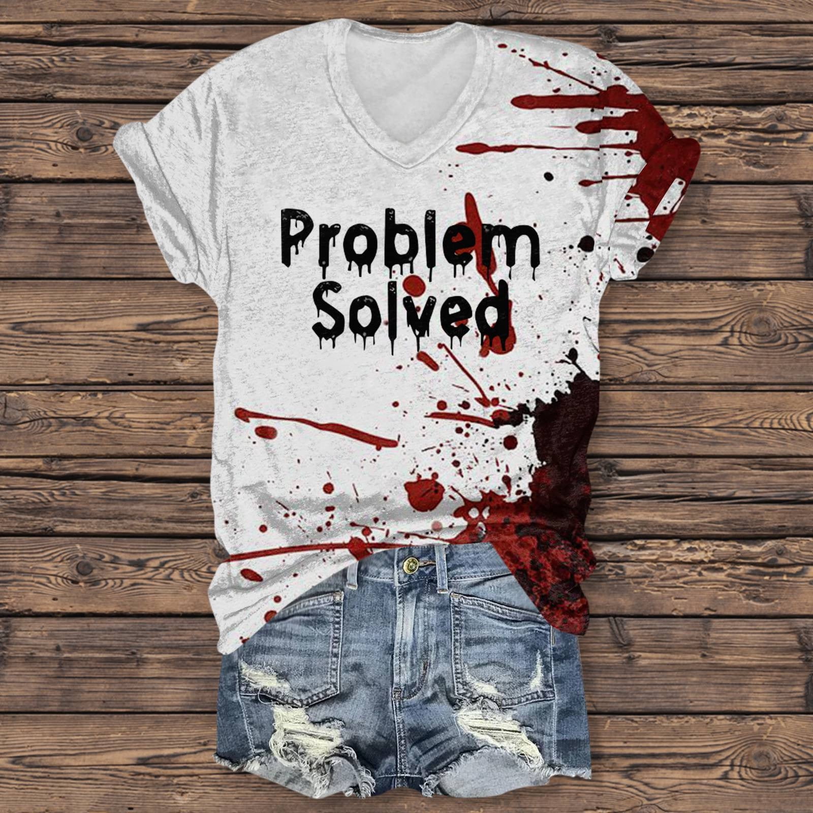 YNGKMEA Women Fall Halloween Doodles V Neck Shirt Problem Solved ...