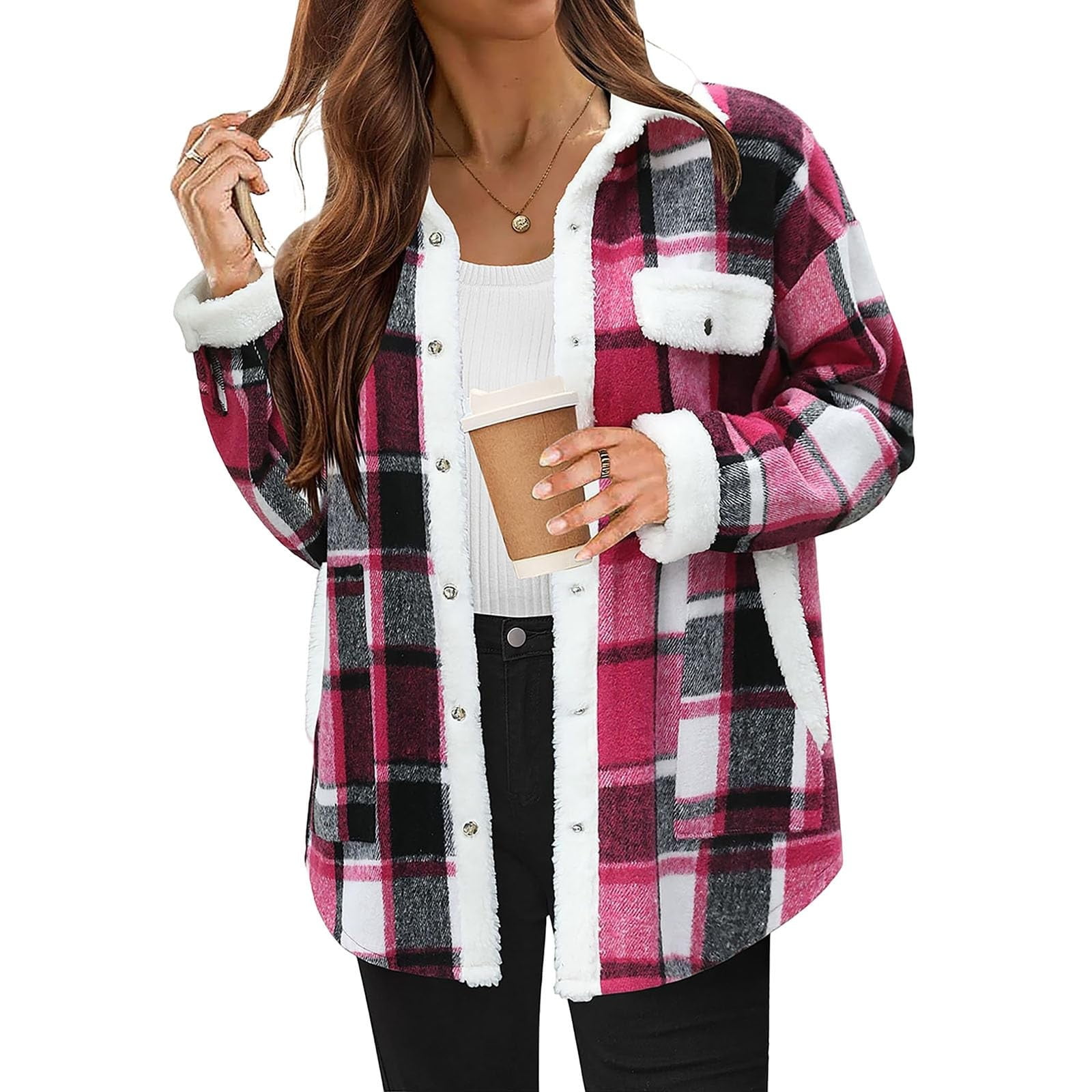 YNGKMEA Womens Sherpa Long Sleeve Flannel Jackets with Pocket Oversized ...