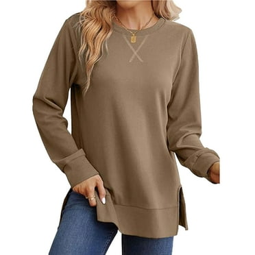 MOSHU Crewneck Sweatshirts for Women Side Split Long Sleeve Shirts ...