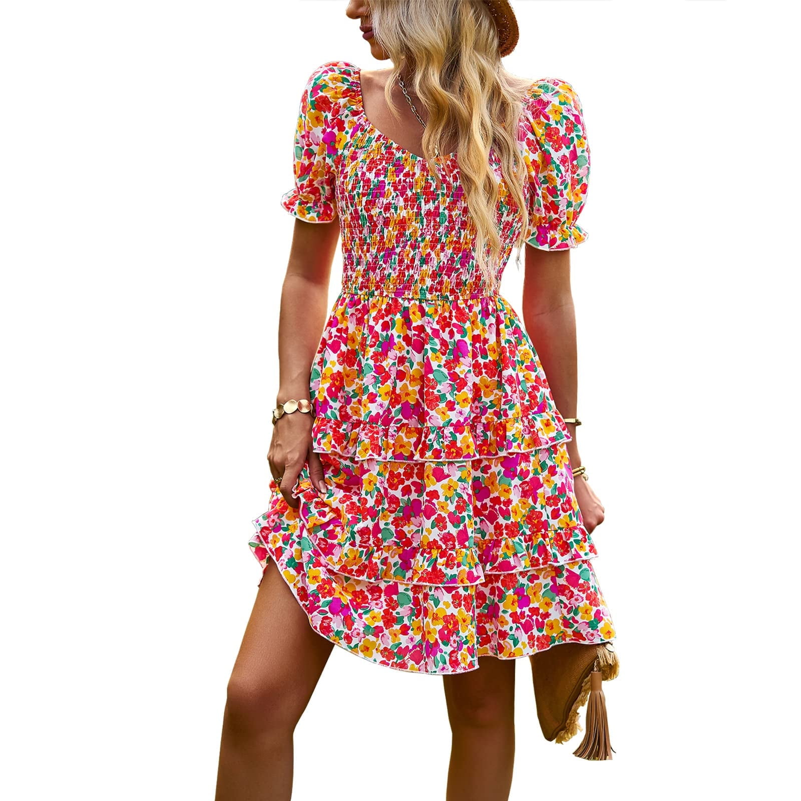 YNIQUE Classy Women's Bohemian Floral Print Mini Dress, Ruffle A-Line ...