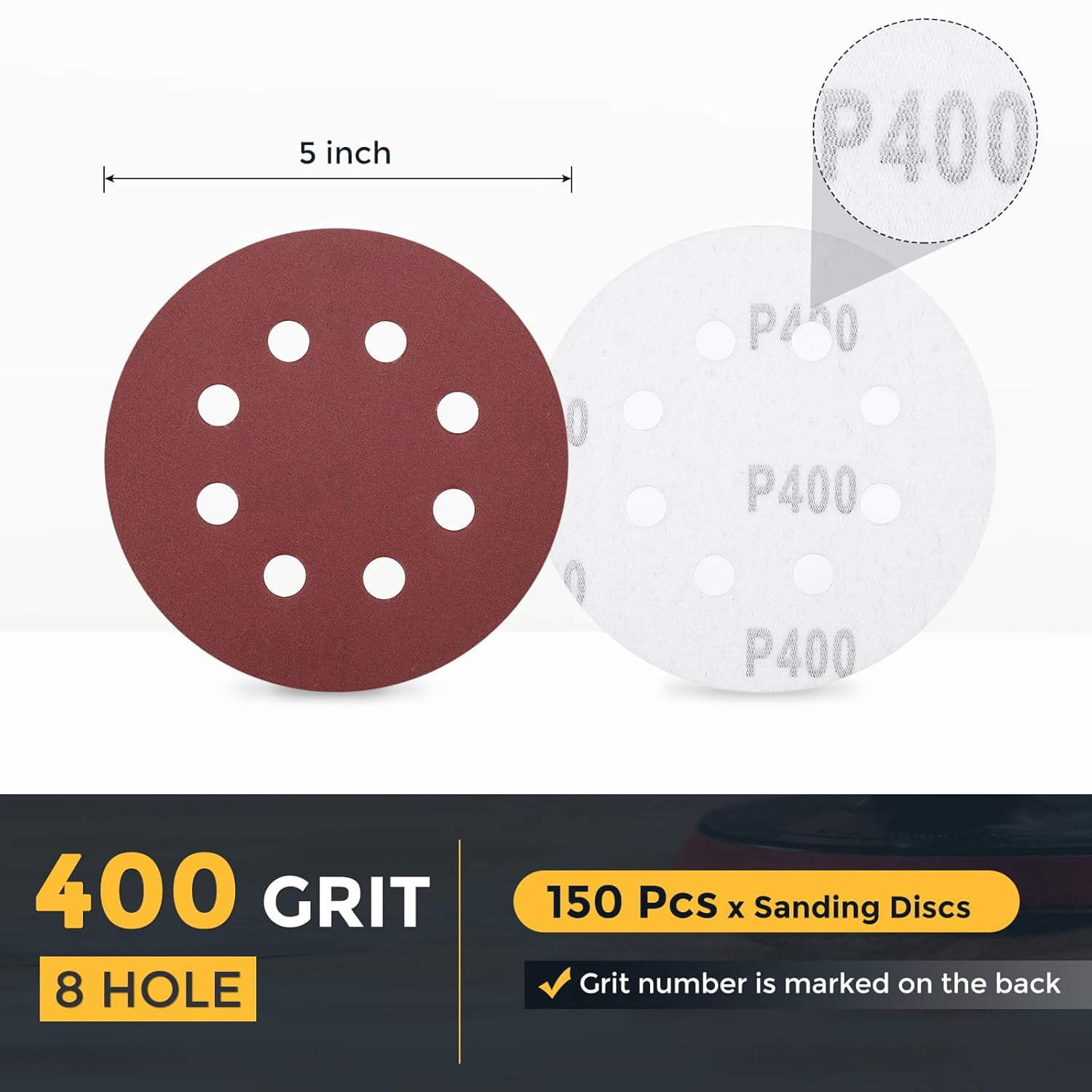 YNTVV-150 Pcs 5 Inch Sanding Discs, 400 Grit Hook and Loop Sandpaper, 8 ...