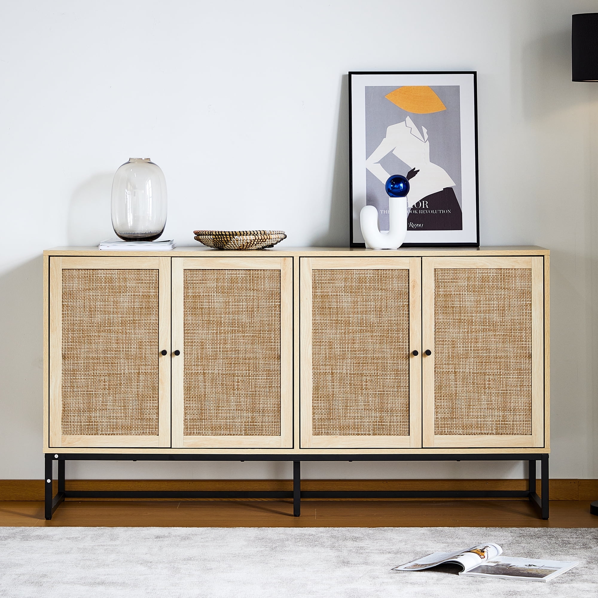 YOCWO Rattan Sideboard and Buffets, Storage Cabinet with 4 Doors ...