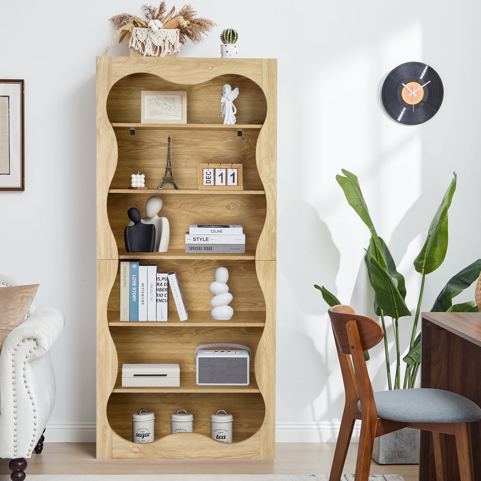 YOCWO 70" Tall Bookcase with Wave Design, 6 Tier Wooden Bookshelf with ...