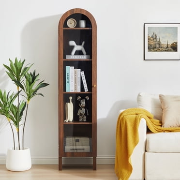 71" Tall Arched Bookshelf, 4-Tier Bookcase with Glass Doors and Shelves ...