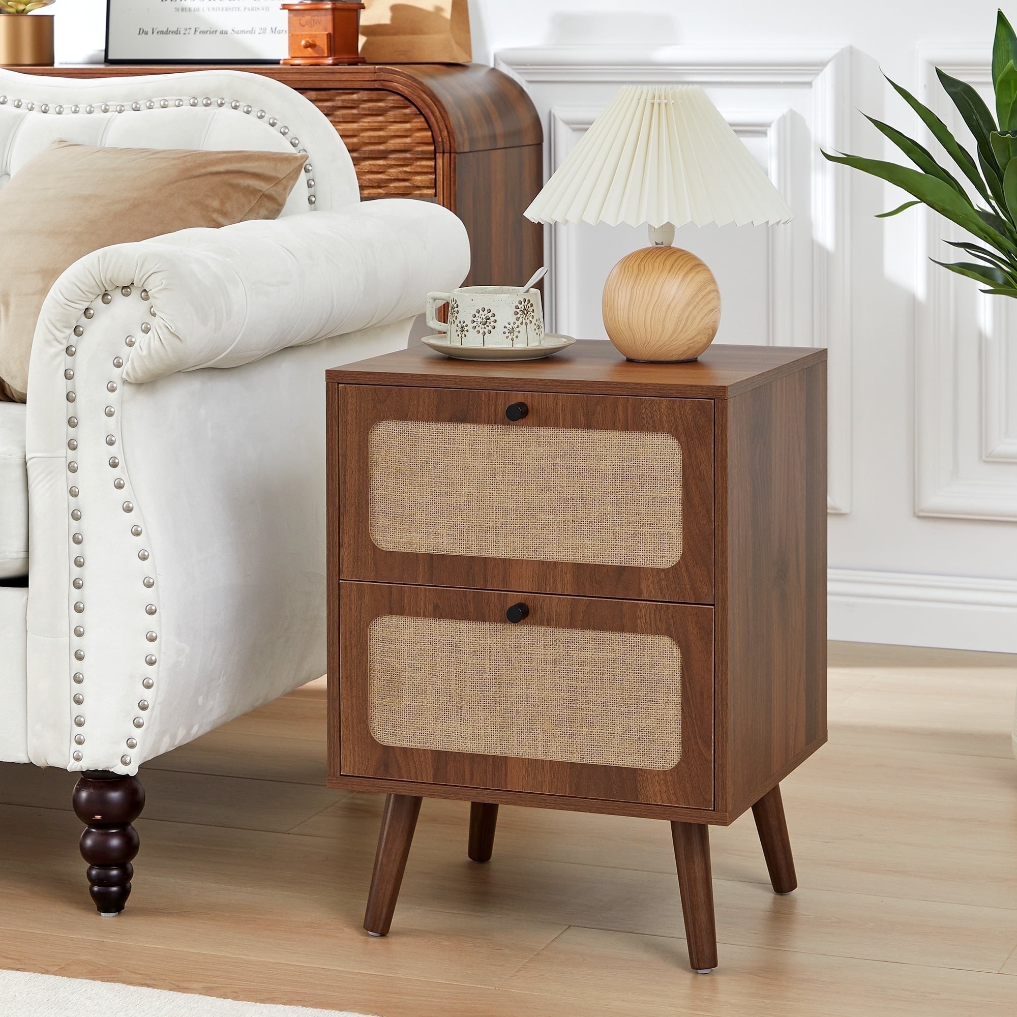YOCWO Nightstand for Bedroom, Linen Bedside Table with Drawers, Walnut ...