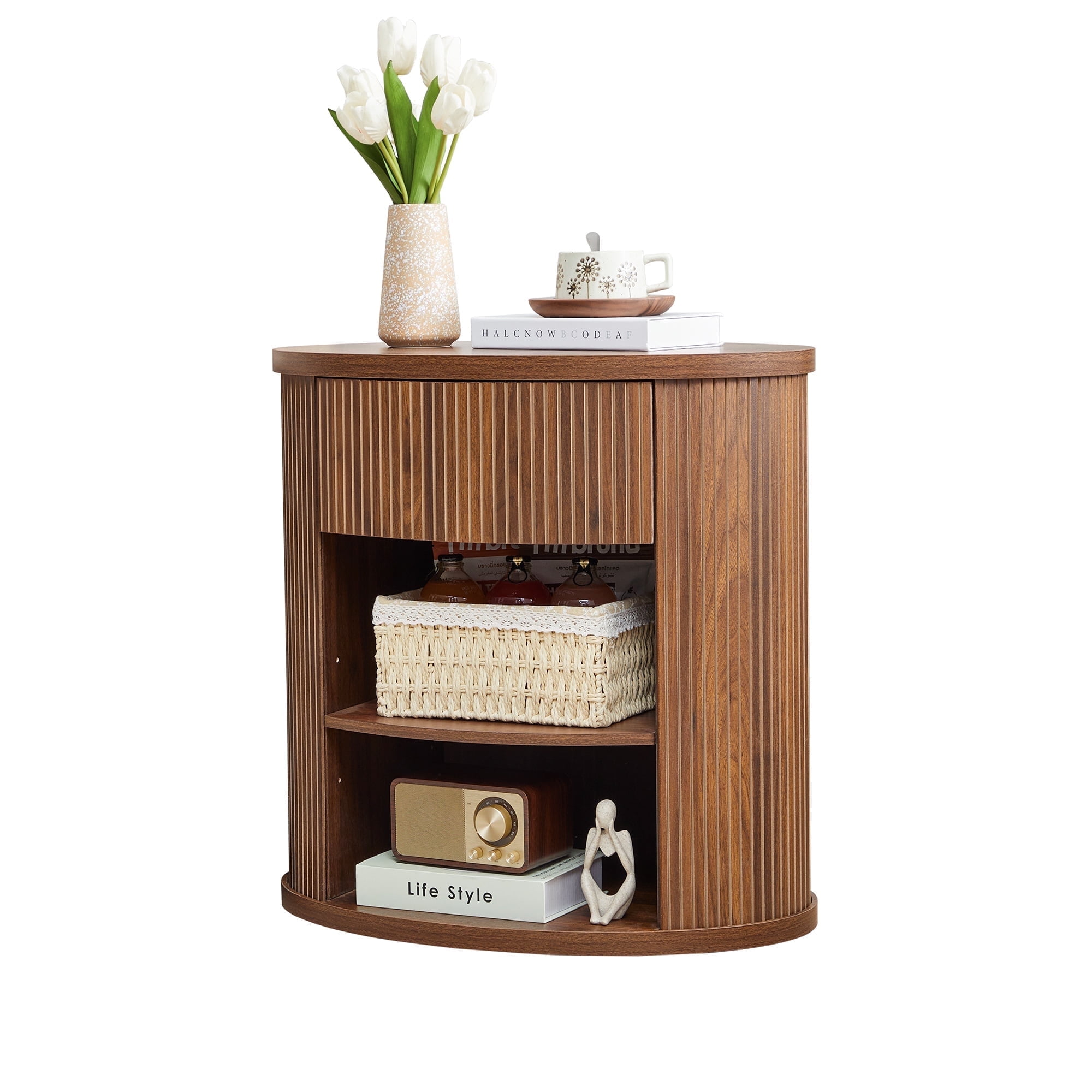 YOCWO Oval Nightstand with 1 Drawer and Adjustable Shelf for Bedroom ...
