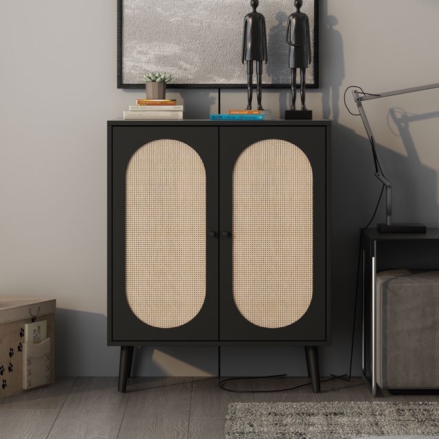 YOCWO Black Accent Rattan Cabinet with Large Storage Space, Kitchen ...