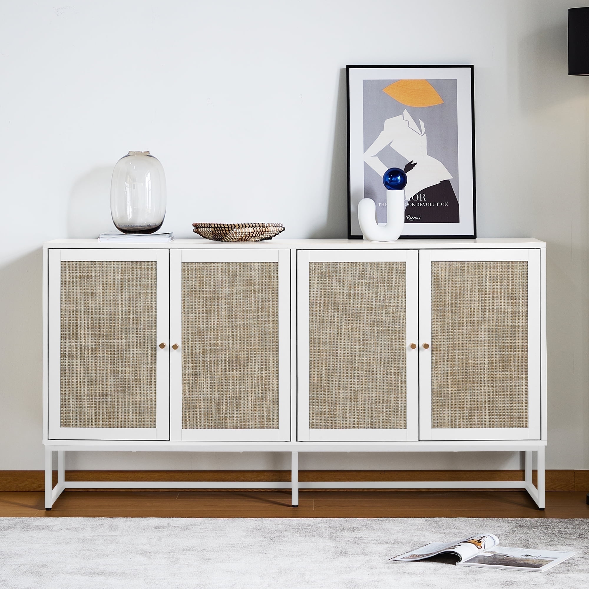 YOCWO Rattan Sideboard and Buffets, Storage Cabinet with 4 Doors, White ...
