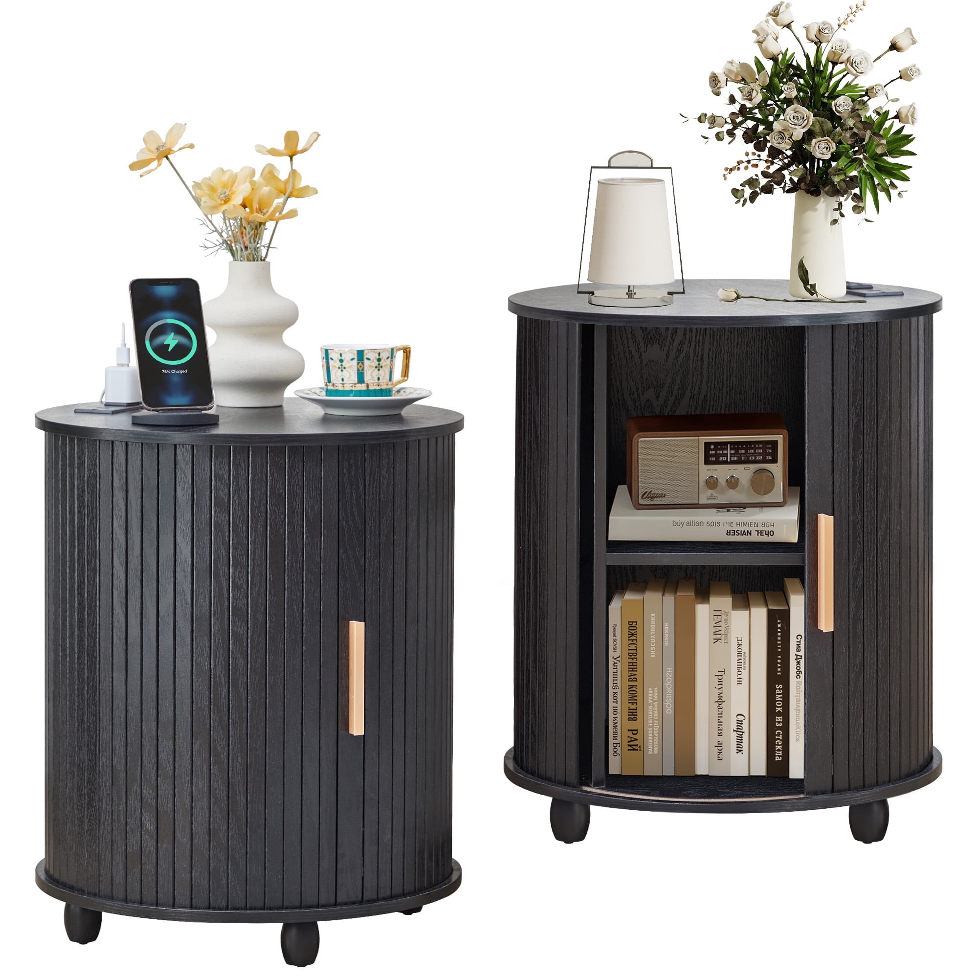 YOCWO Round End Table Set of 2 with Charging Station, Vertical Strip ...