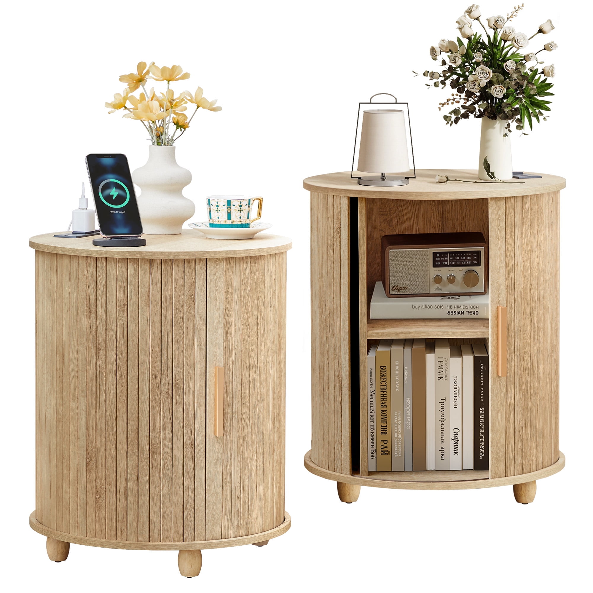 YOCWO Round End Table Set of 2 with Charging Station, Vertical Strip ...