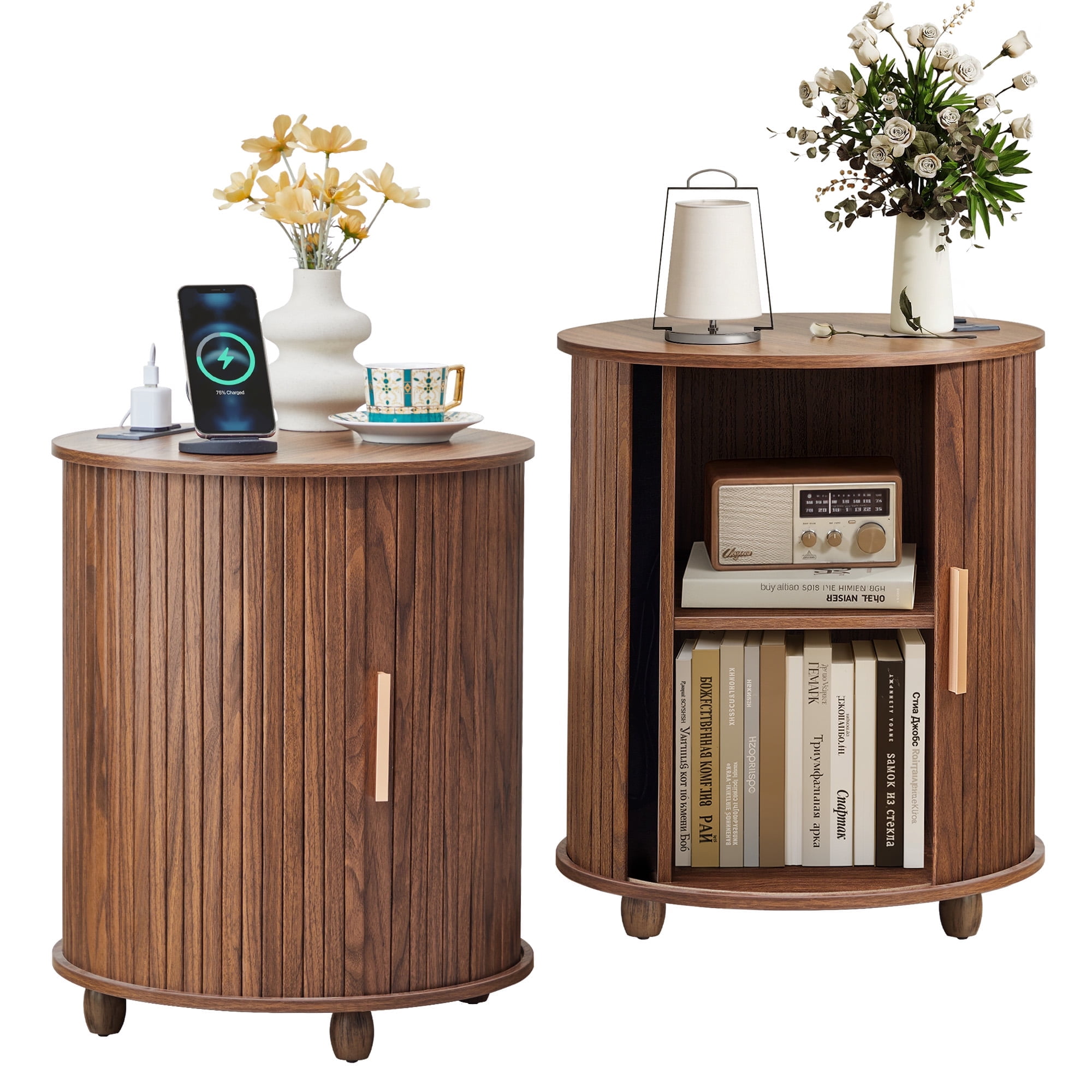 YOCWO Round End Table Set of 2 with Charging Station, Vertical Strip ...