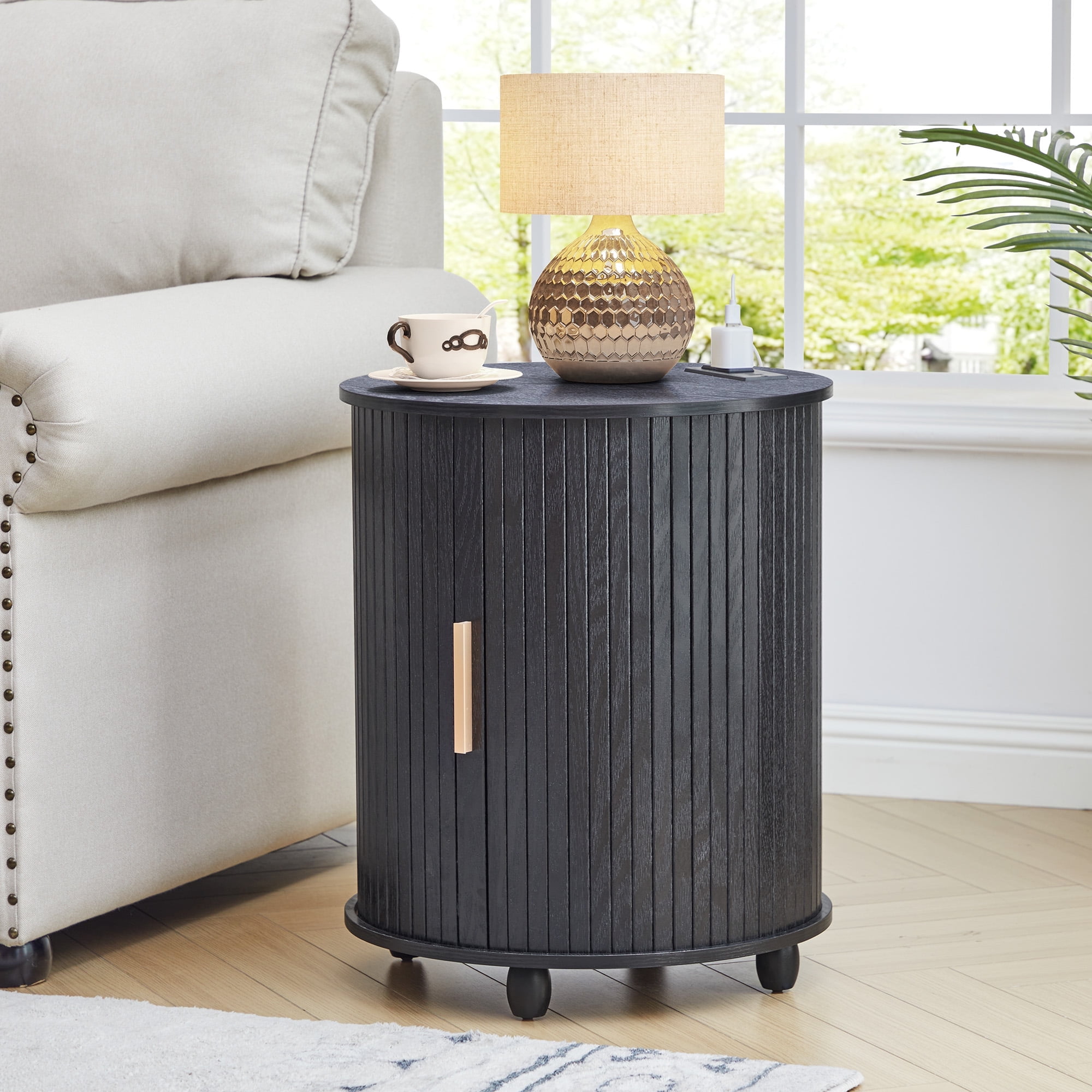 YOCWO Round End Table with Charging Station, Vertical Strip Side Tables ...