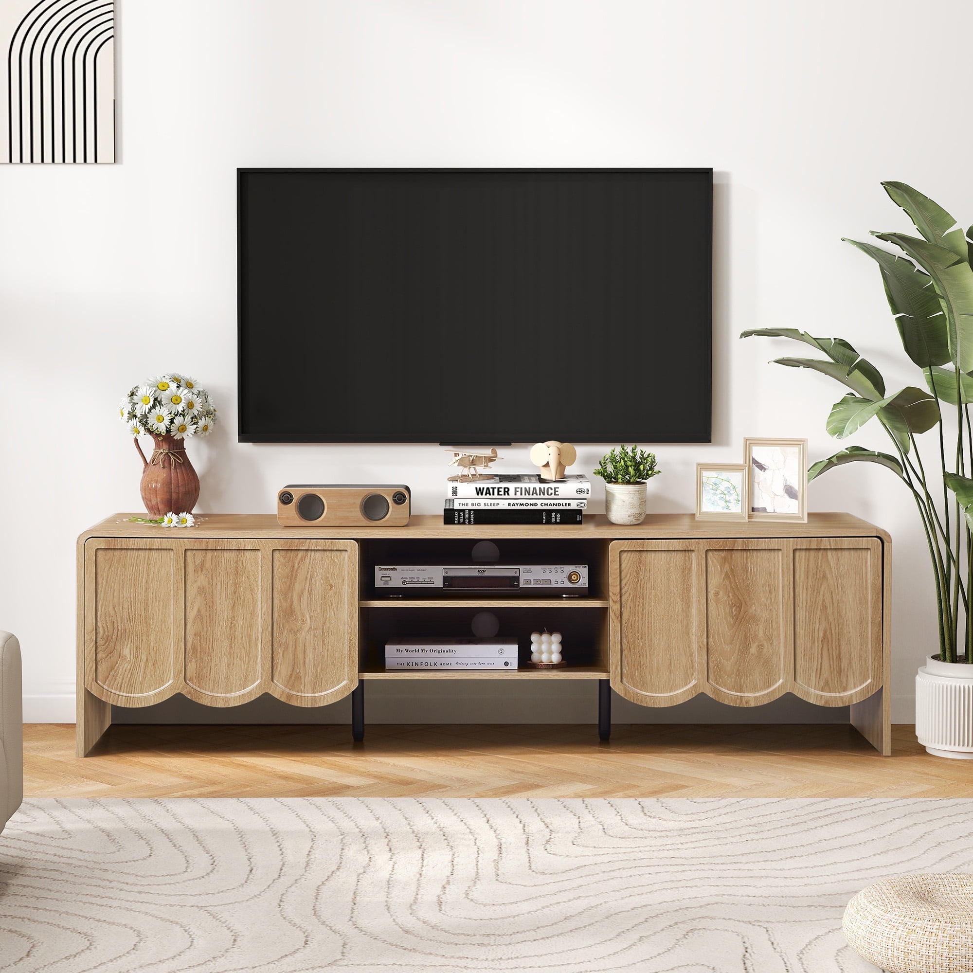 YOCWO TV Stands for 65 inch tv, TV Stand with Sliding Wave Doors, Wood ...