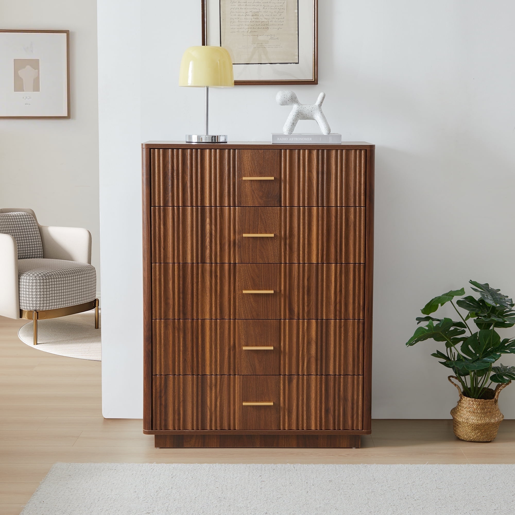 YOCWO Unique Fluted 5 Drawer Dresser, Mid Century Tall Storage Dresser ...