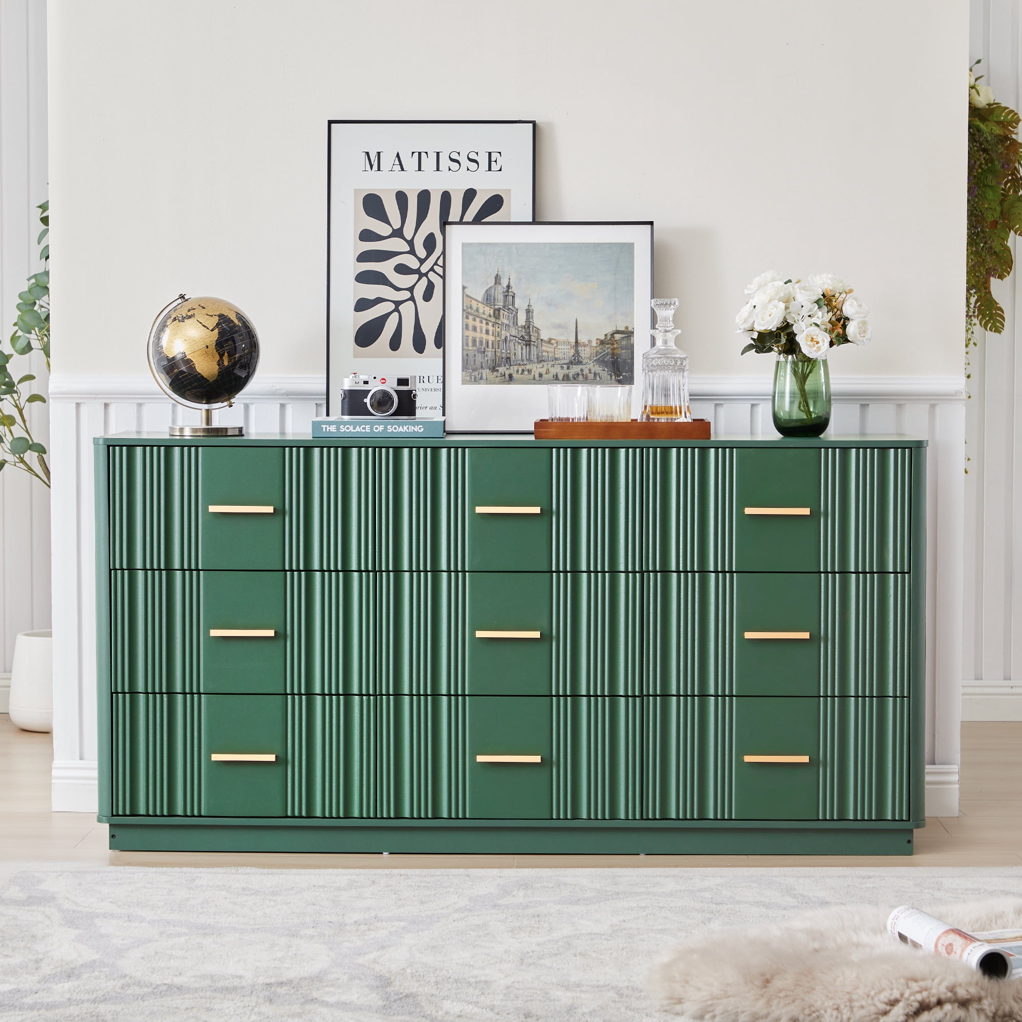 YOCWO Unique Fluted 9 Drawer Dresser, Mid Century Double Storage ...