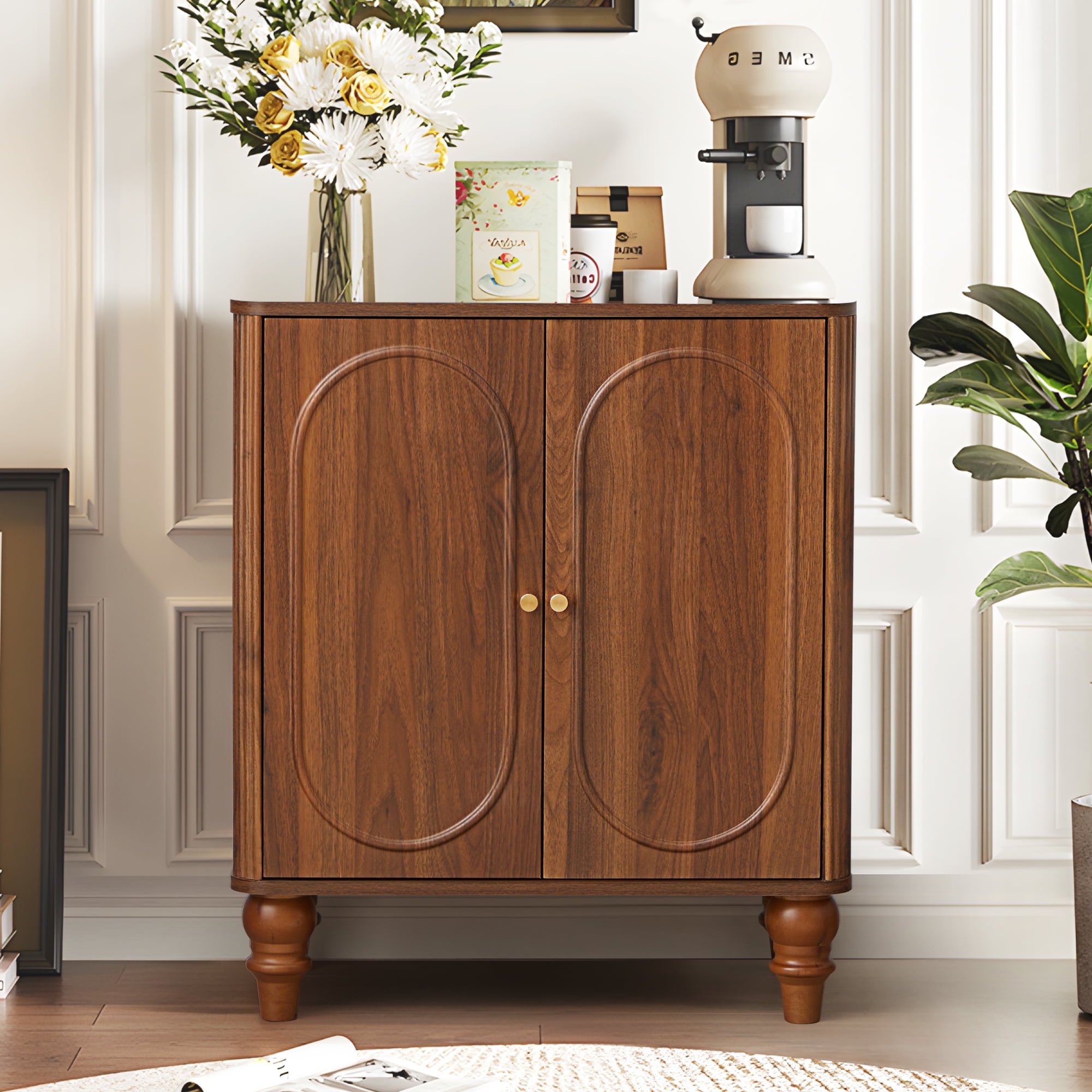 YOCWO Walnut Sideboard and Buffets, Fluted Buffet Cabinet with 2 Arch ...