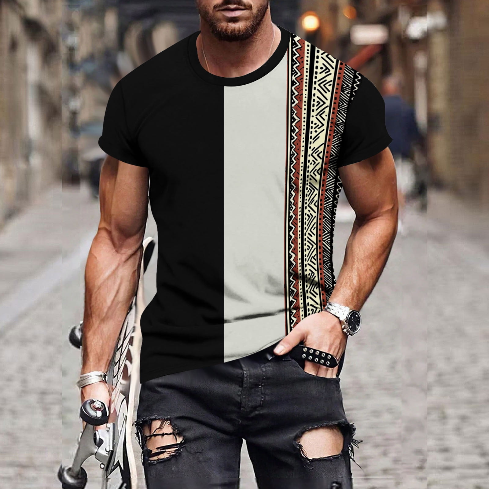 Blouse for Men Short Sleeved Round Neck Retro Color Blocked Printed ...