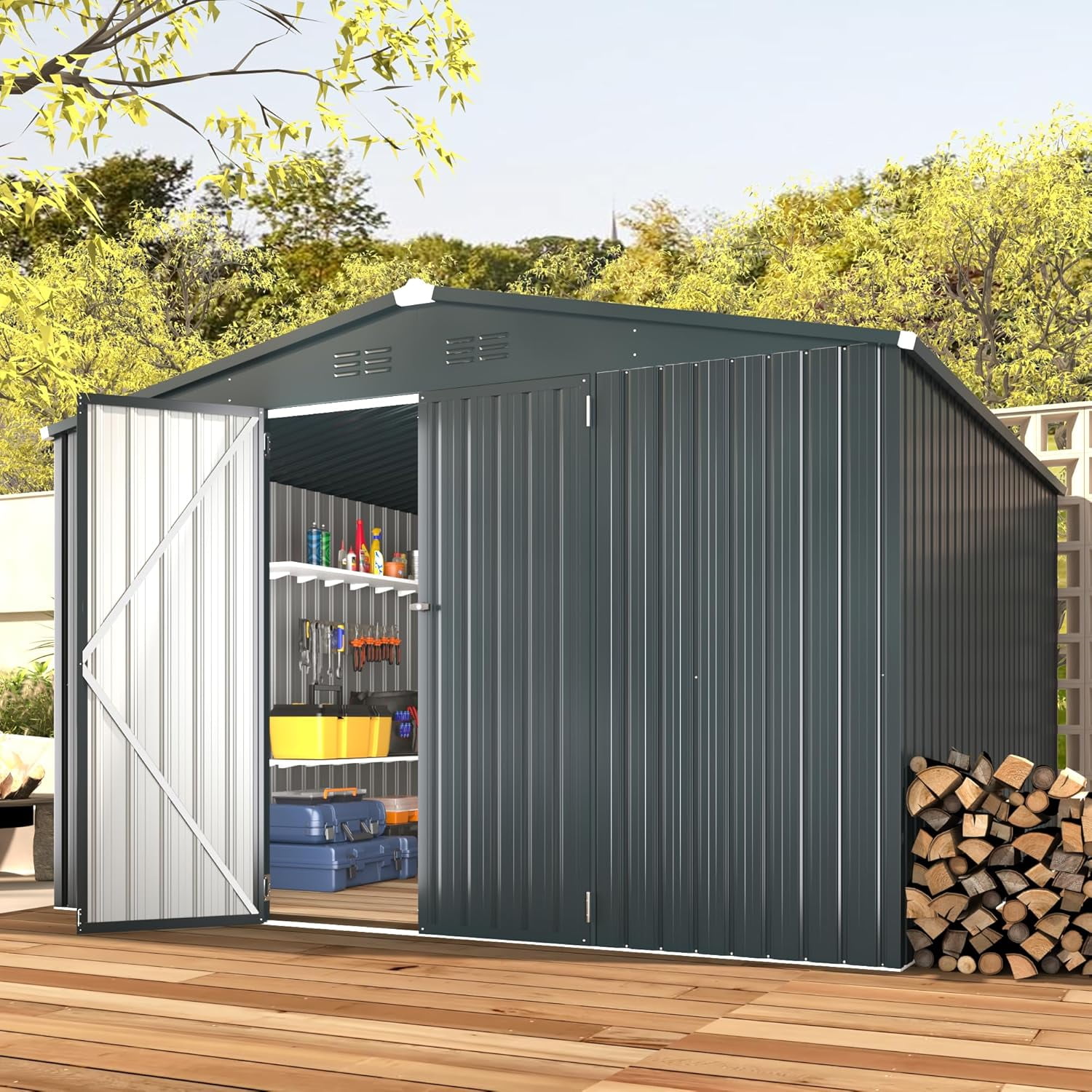 YODOLLA 10' x 14' Outdoor Storage Shed with Lockable Door Patio Metal ...
